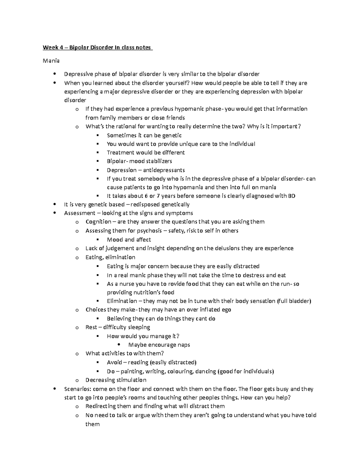 Week 4 Bipolar Disorder Notes - Week 4 – Bipolar Disorder In class ...