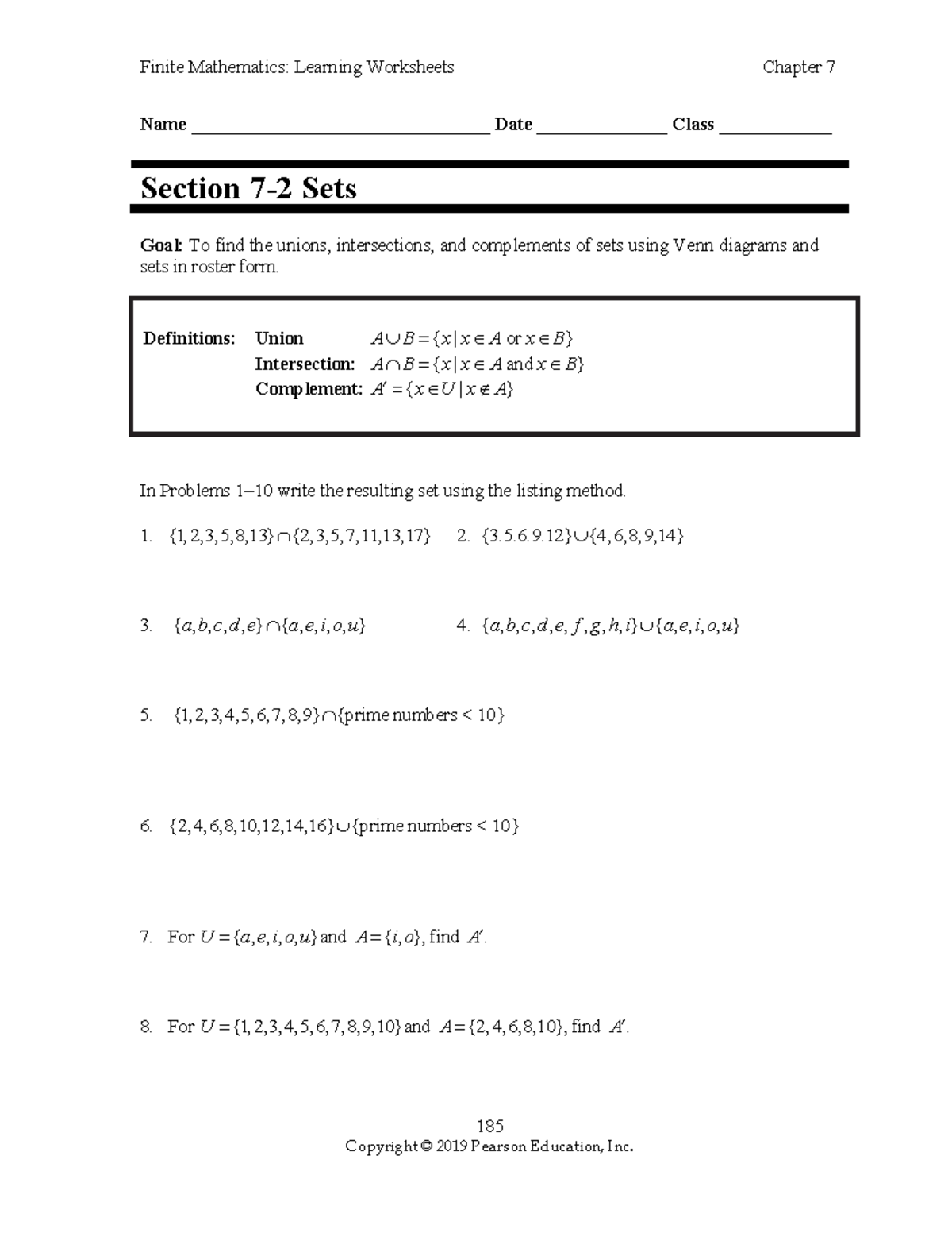 7 - Unions, intersections, and complements of sets practice answers - Finite Mathematics ...