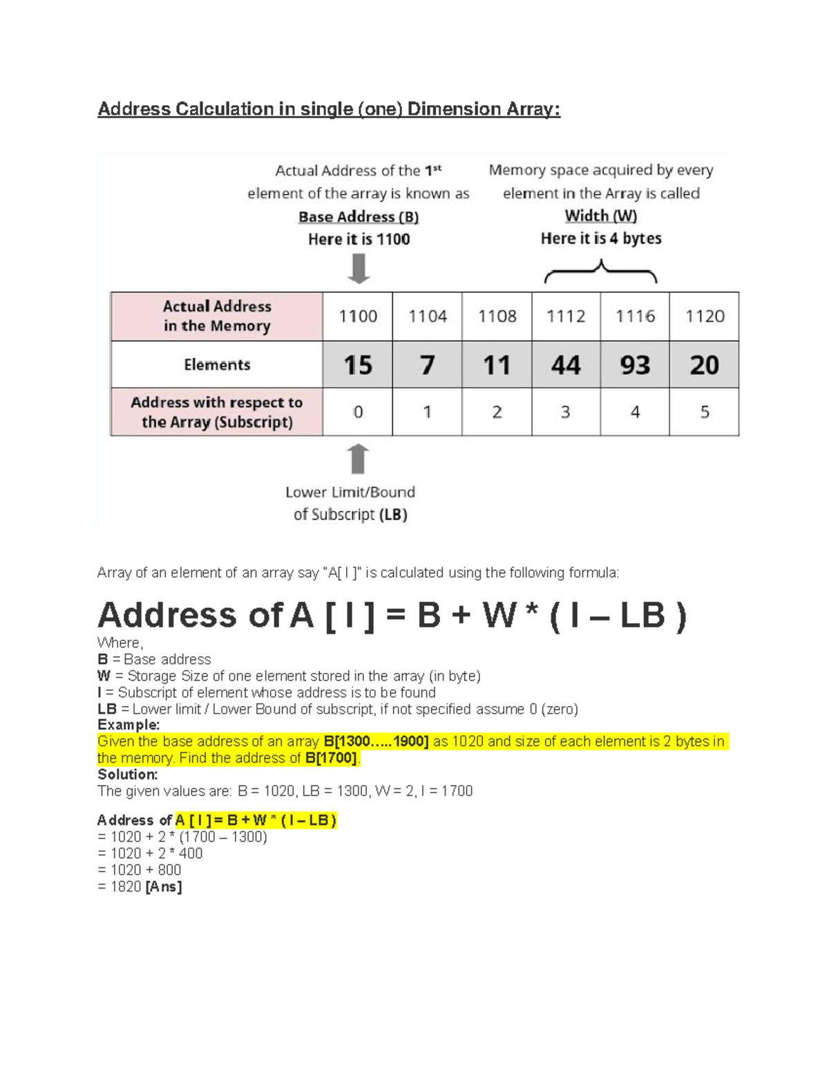 Address Calculation In Single As 1020 And Size Of Each Element