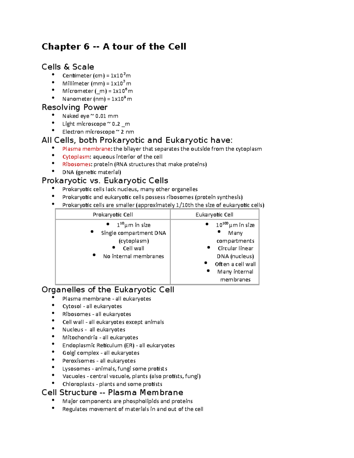 Bio chapter 6 - Chapter 6 - A tour of the Cell Cells & Scale Centimeter ...