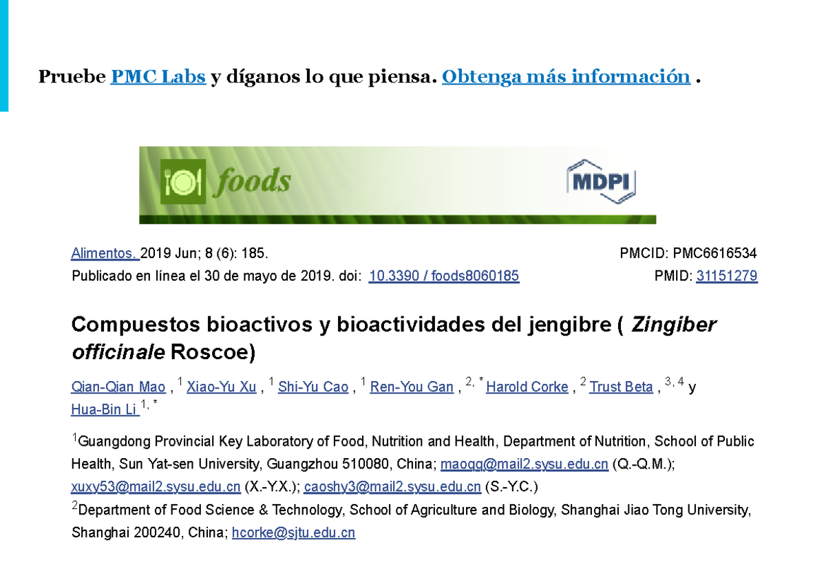 Compuestos bioactivos y bioactividades del jengibre Zingiber officinale Roscoe - Alimentos. 2019 ...