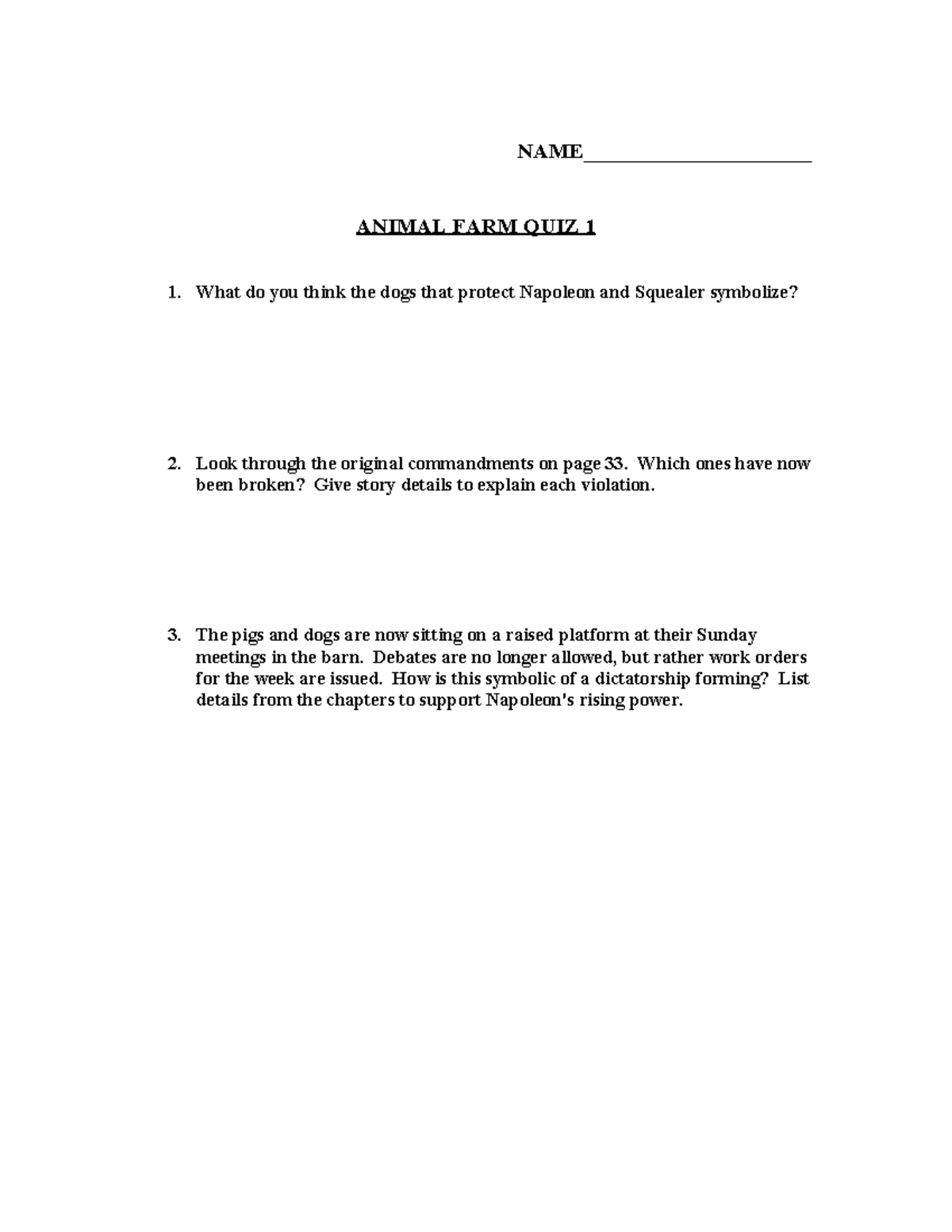 Animal Farm-quiz 1 - Pop Quiz - NAME_____________________ ANIMAL FARM ...