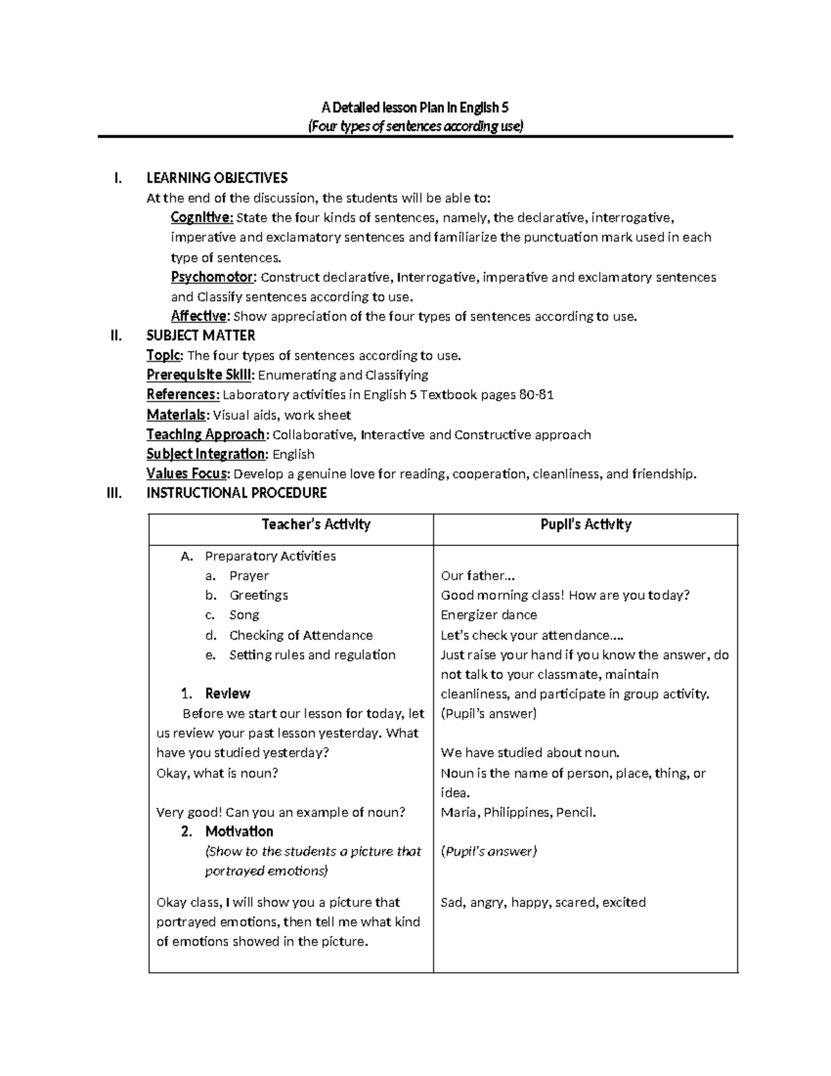 Lesson PLAN English - A Detailed lesson Plan in English 5 (Four types ...