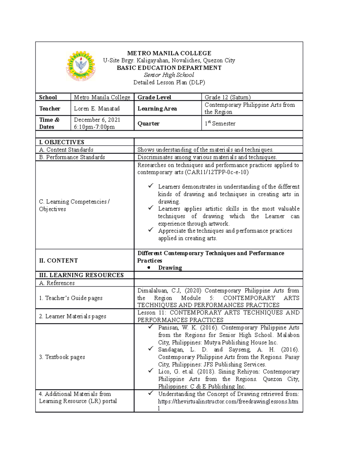 Lesson Plan Demo Teaching Manatad Loren BSEd Social Studies - METRO ...