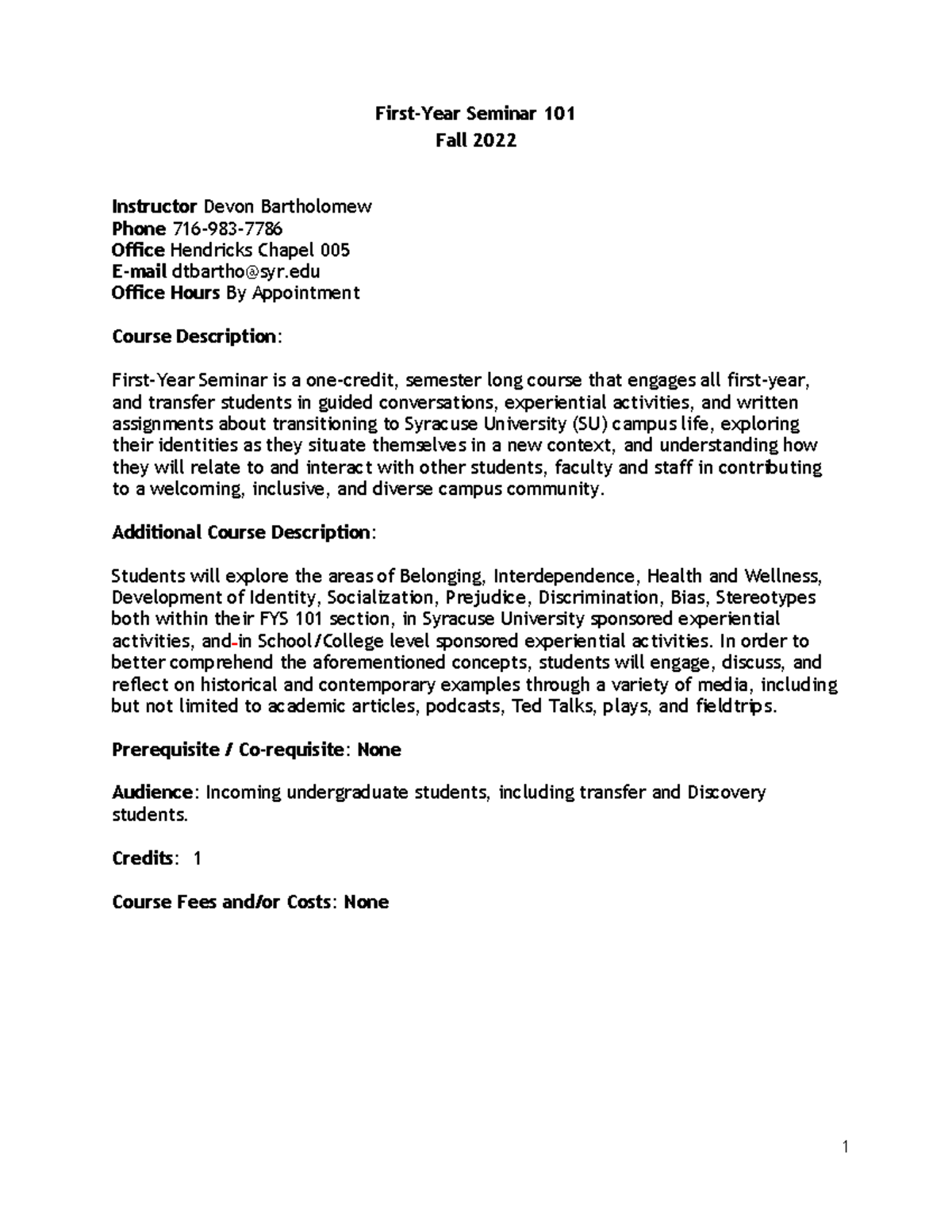 FYS 101- FALL 2022 Syllabus - First-Year Seminar 101 Fall 2022 ...