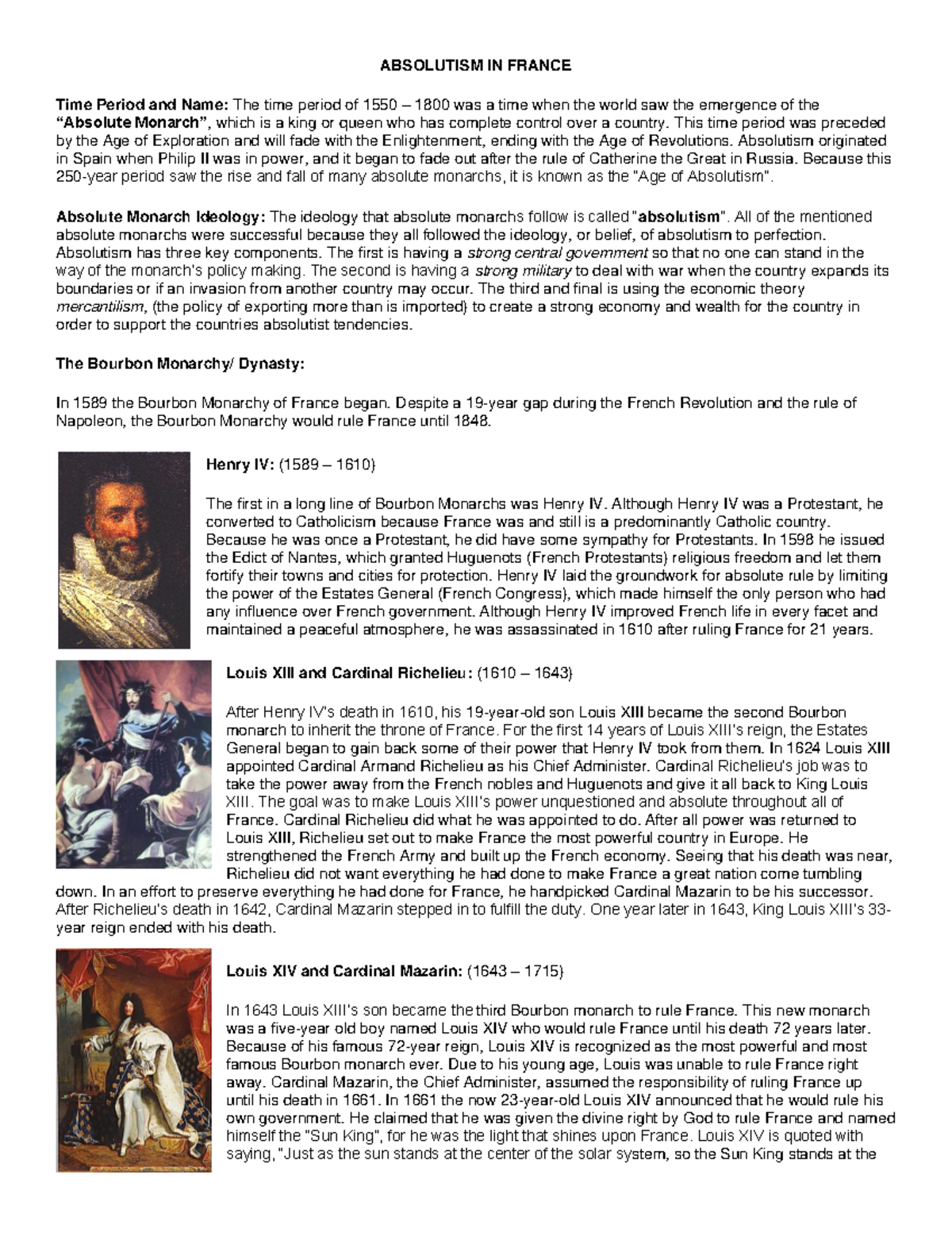 Absolutism in France - Lecture notes 5 - ABSOLUTISM IN FRANCE Time ...