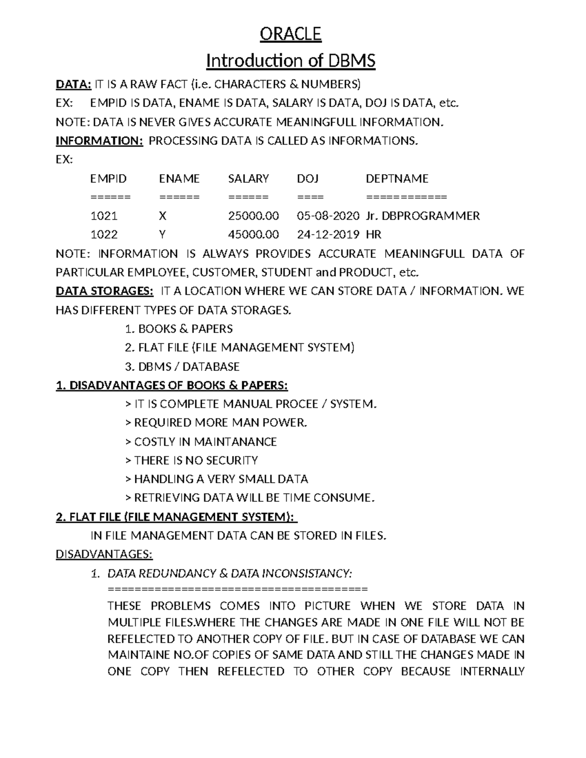 1 - Practice Material - ORACLE Introduction of DBMS DATA: IT IS A RAW ...