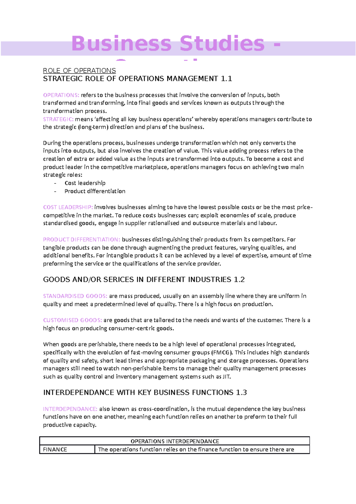 Year 12 operations - ROLE OF OPERATIONS STRATEGIC ROLE OF OPERATIONS ...