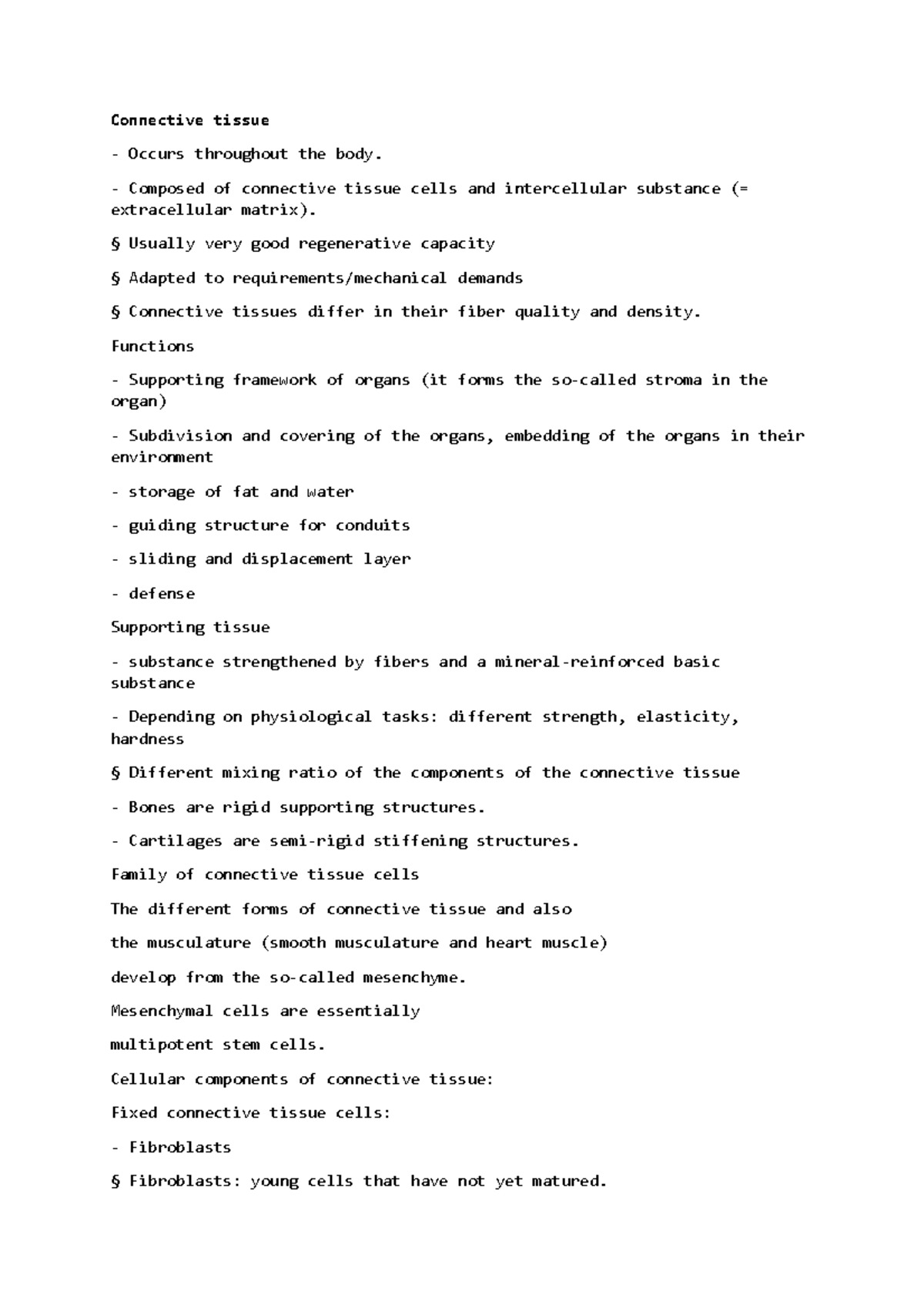 Connective tissue - Lecture notes 1 - Connective tissue Occurs ...