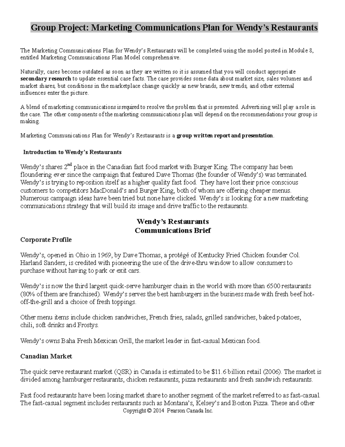 Group Project on Wendy's Restaurants - Group Project: Marketing ...