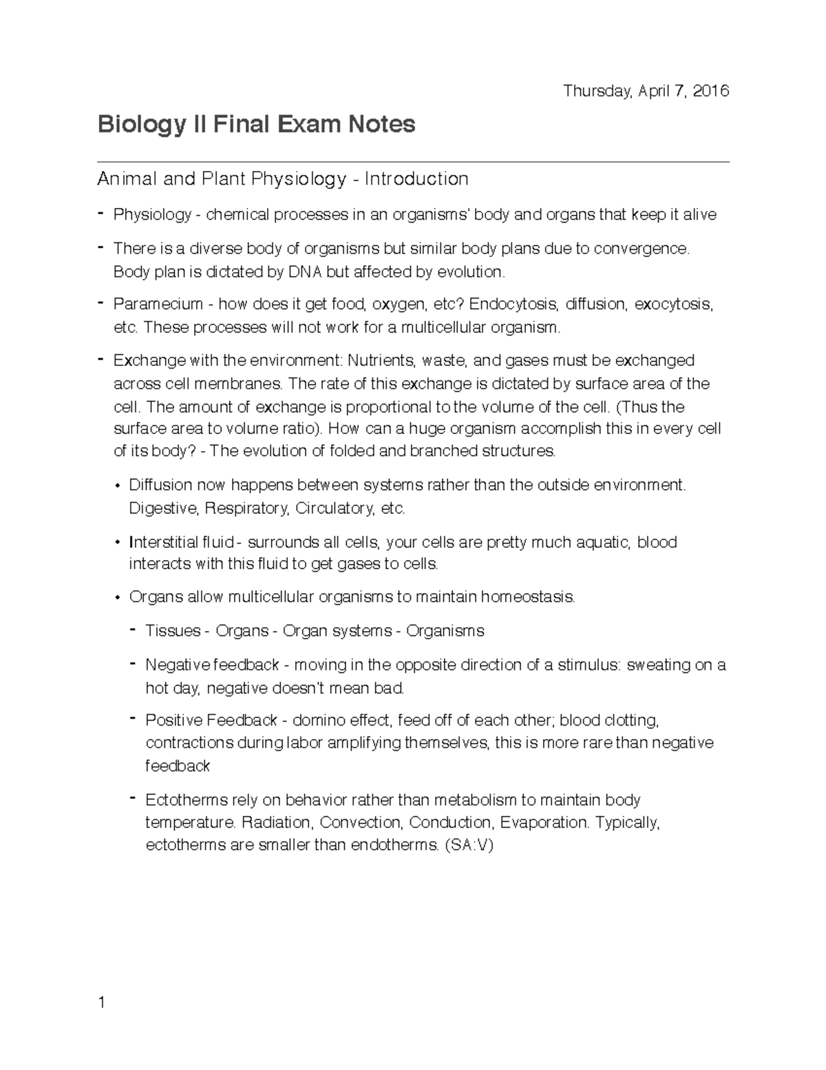 Final Exam - Biology II - Biology II Final Exam Notes Animal and Plant ...