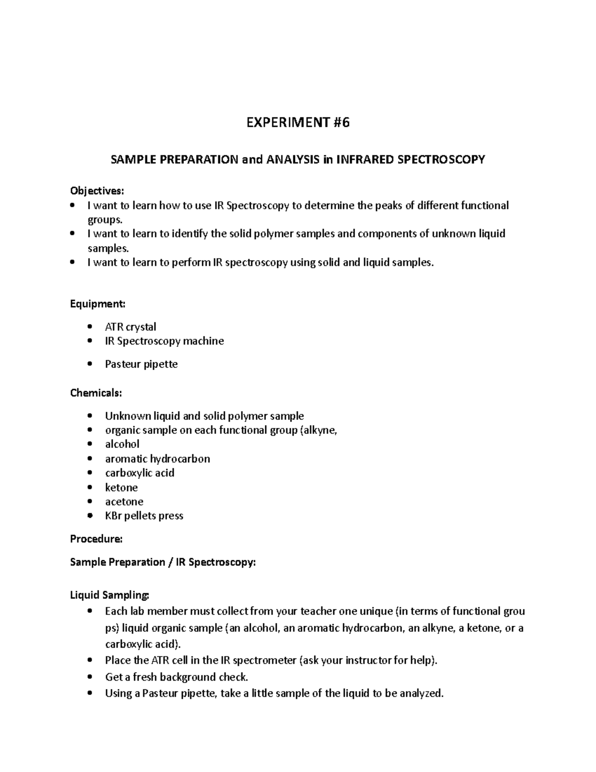 Experiment IR PRE LAB - SPECTROSCOPY - EXPERIMENT SAMPLE PREPARATION ...