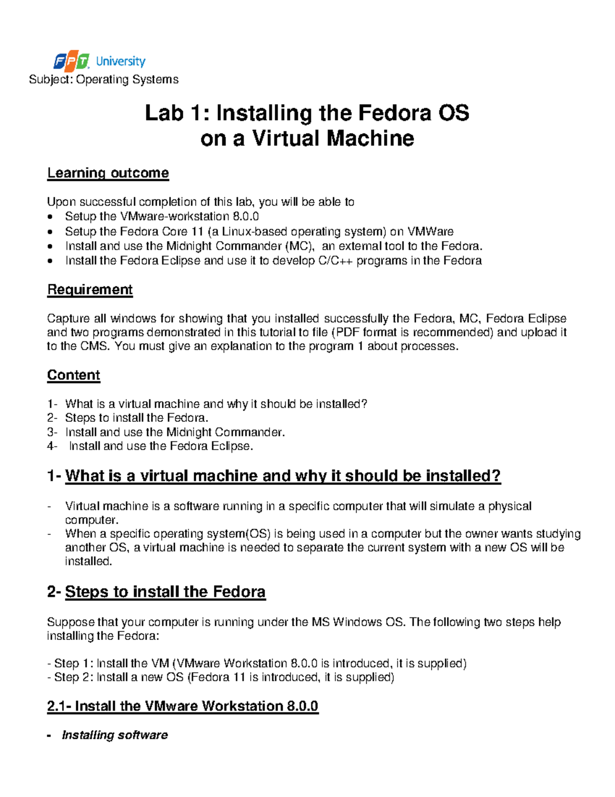 Lab01 - aaaa - Subject: Operating Systems Lab 1: Installing the Fedora OS on a Virtual Machine ...