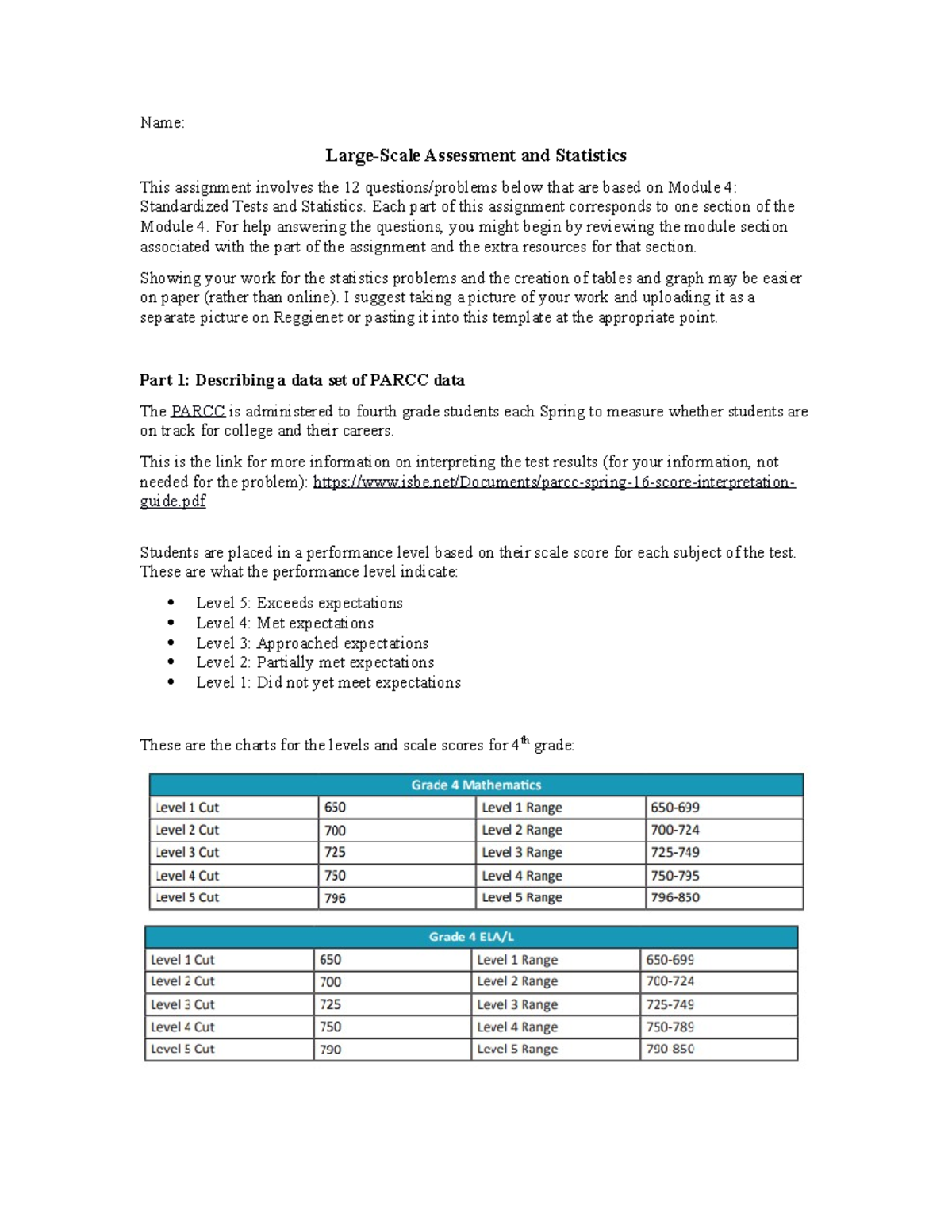 Assignment 4 Standardized Tests and Statistics - Name: Large-Scale ...