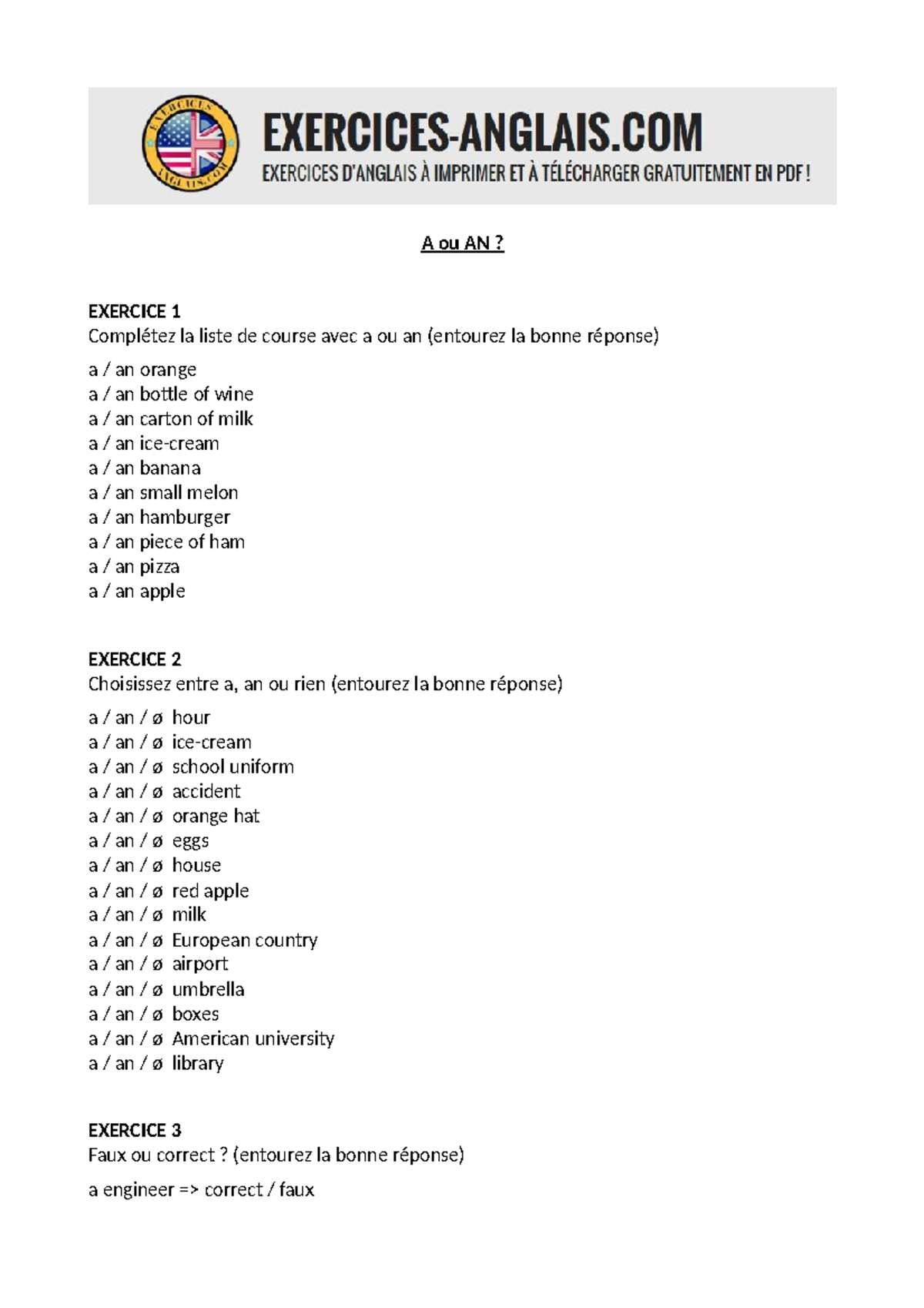 Exercice anglais debutant a imprimer a ou an - A ou AN? EXERCICE 1 ...