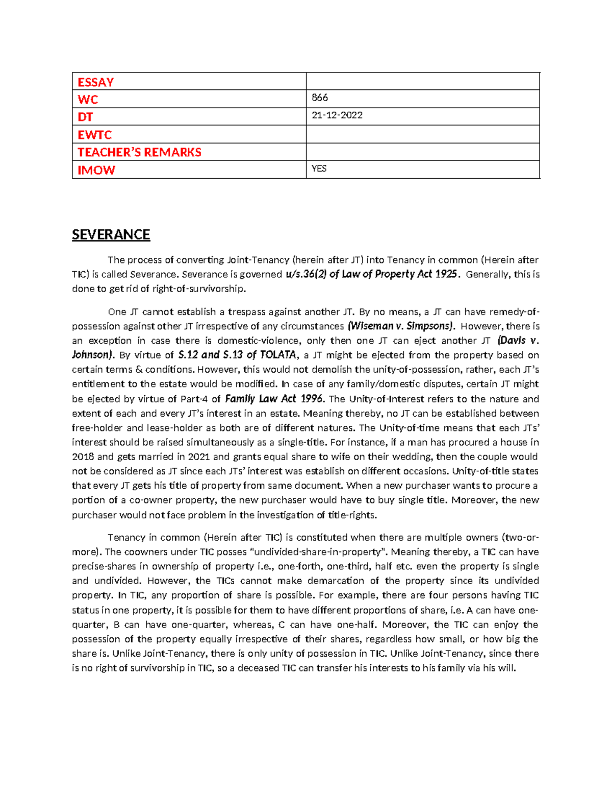 Essay Severance - ESSAY WC 866 DT 21-12- EWTC TEACHER’S REMARKS IMOW ...
