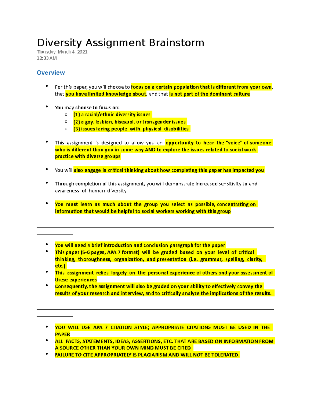 Diversity Assignment Brainstorm - Diversity Assignment Brainstorm ...