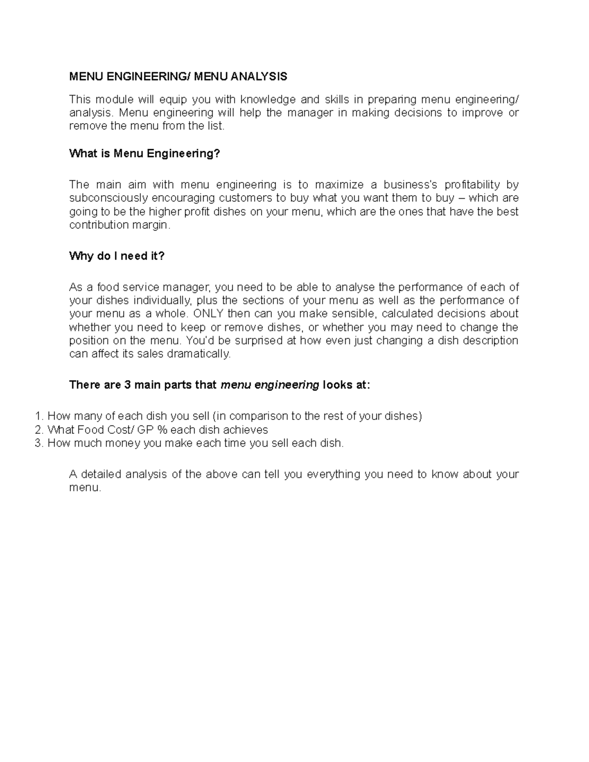 Menu Engineering - MENU ENGINEERING/ MENU ANALYSIS This module will ...