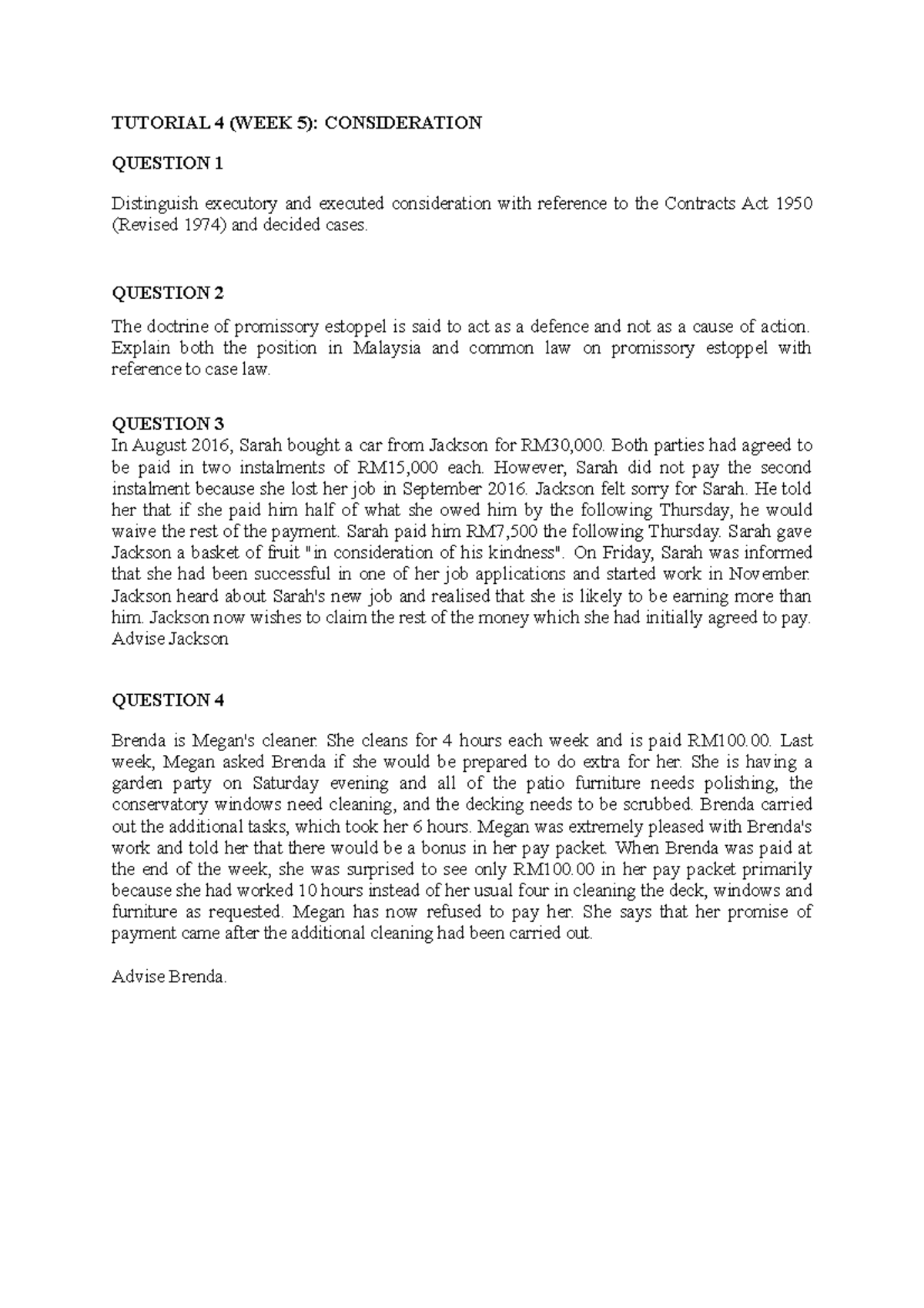 Tutorial 4 (Week 5) Questions Only - Contract Law - Studocu