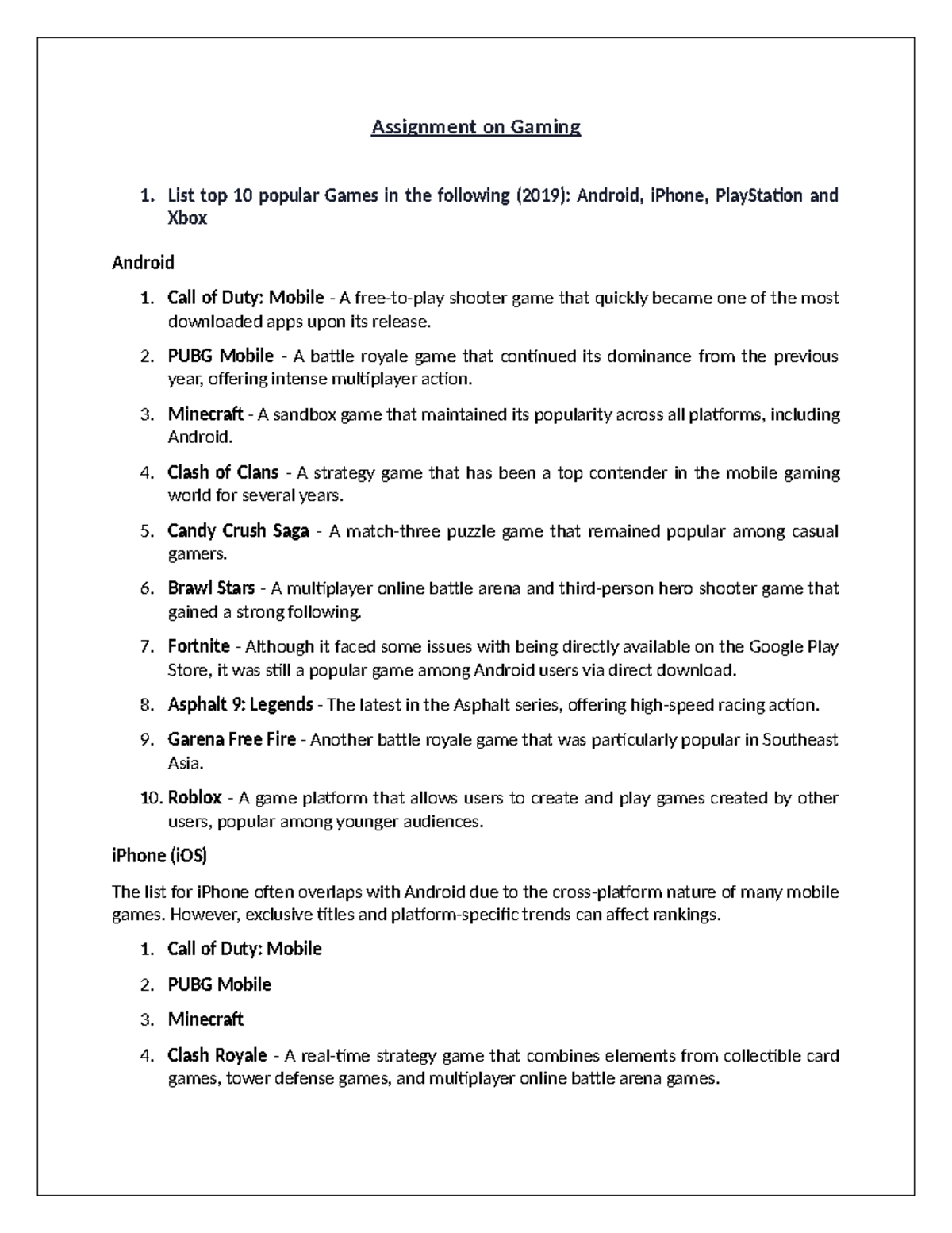 Assignment on Gaming - Test - Assignment on Gaming List top 10 popular ...