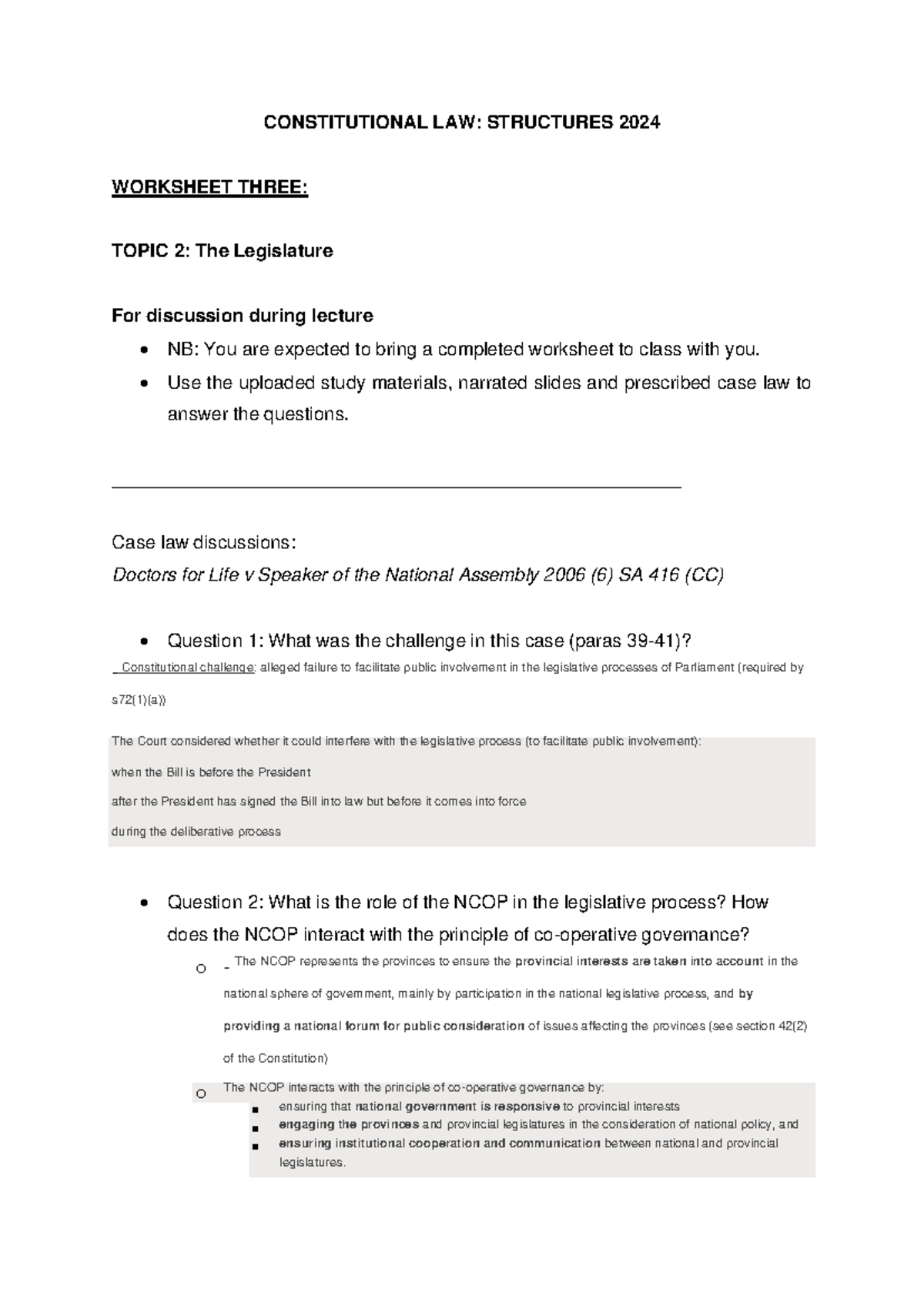 Woksheet 3; Topic 2 (2024) 2 - CONSTITUTIONAL LAW: STRUCTURES 202 4 ...