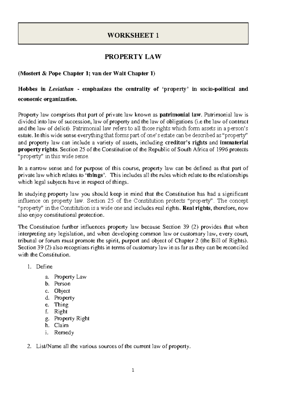 Property LAW Worksheets (Based on van der Walt (Juta) and Mostert Pope ...