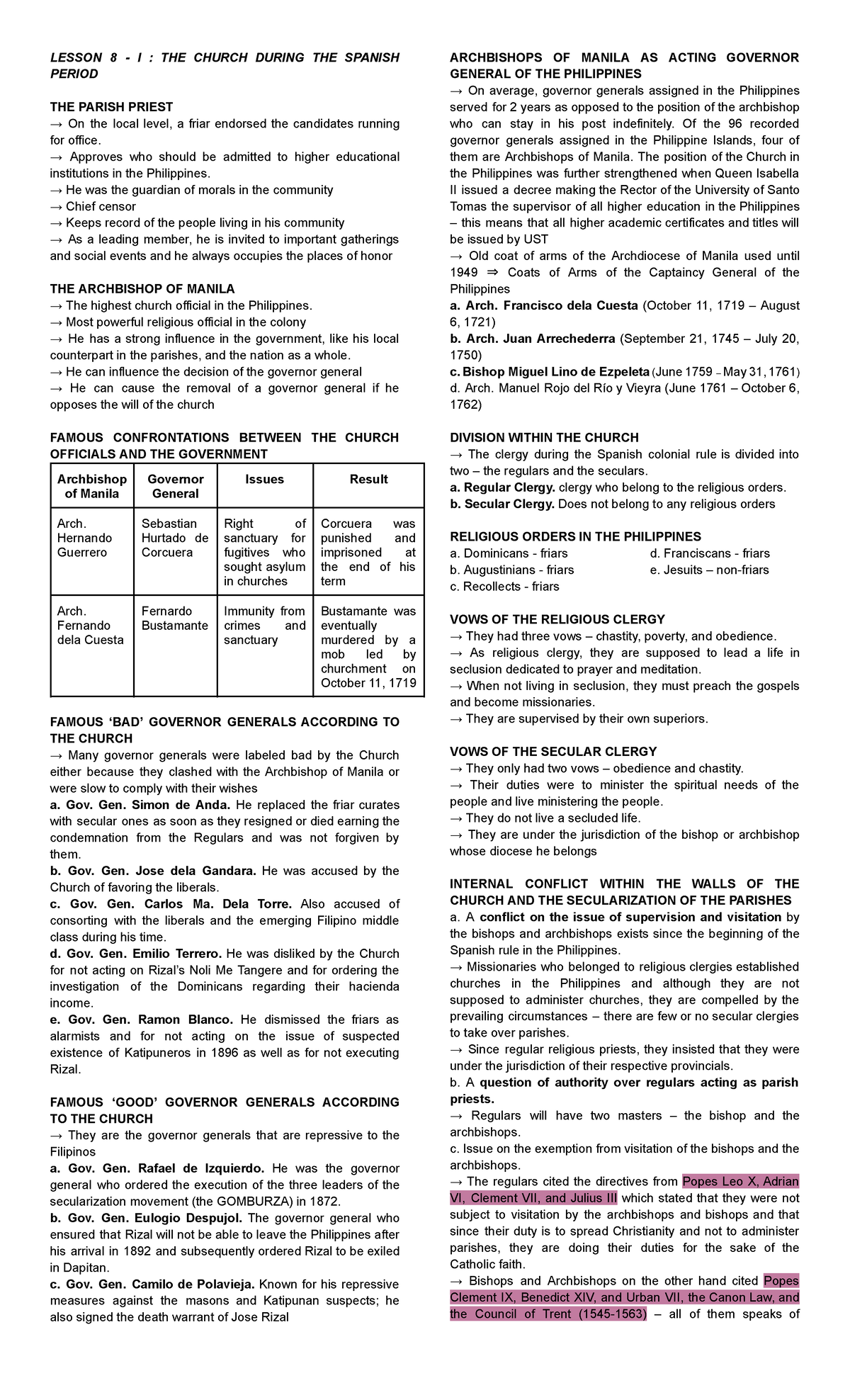 Rizal- Lesson-8- Reviewer - LESSON 8 - I : THE CHURCH DURING THE ...