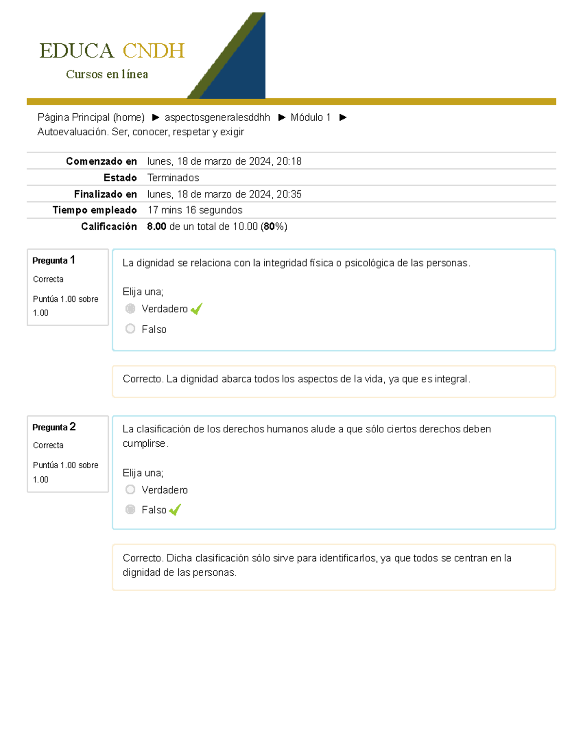 Autoevaluación. Ser, conocer, respetar y exigir - EDUCA CNDH Cursos en ...