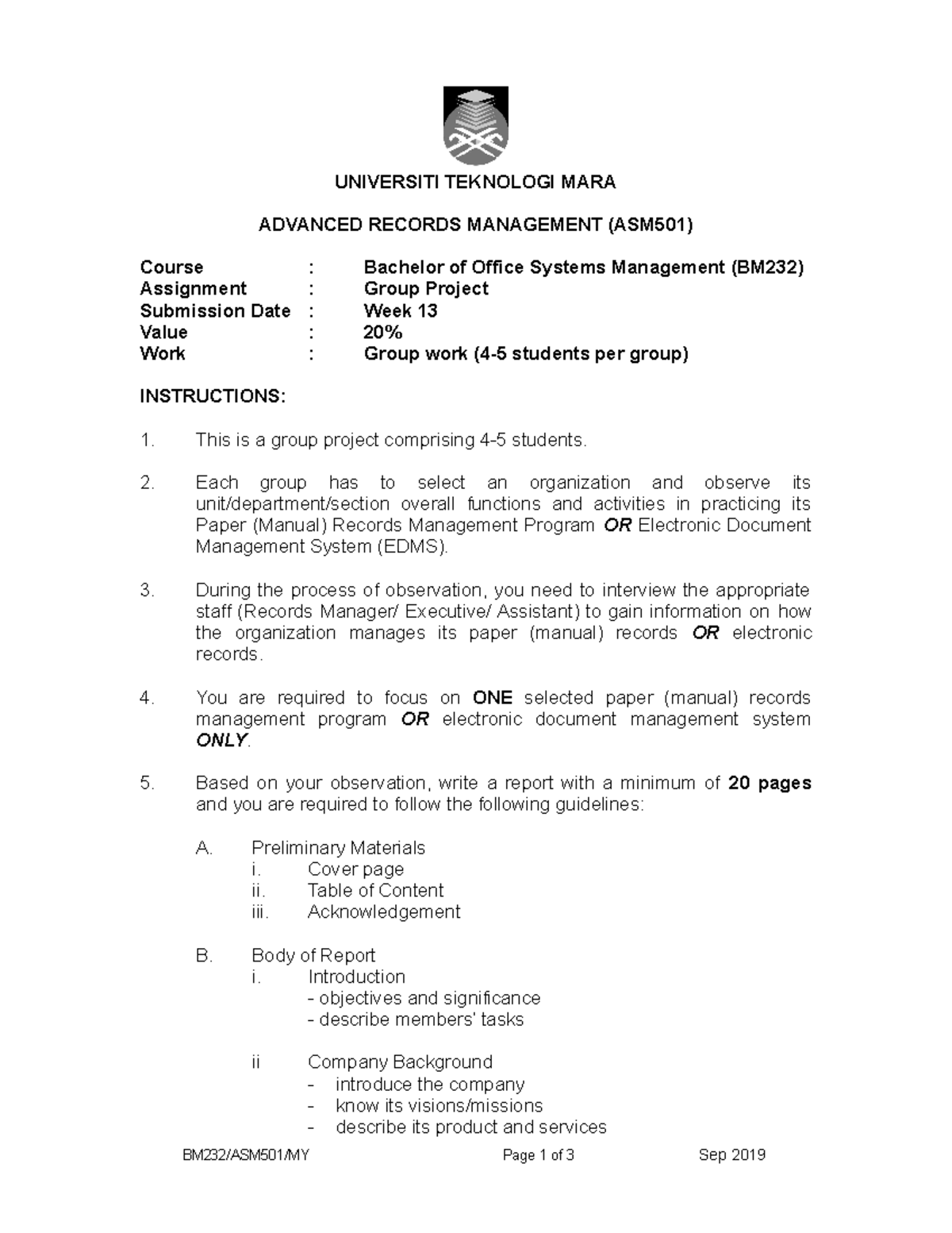 Group Project ASM501 SEP 2019 asm501 - UNIVERSITI TEKNOLOGI MARA ADVANCED RECORDS MANAGEMENT ...