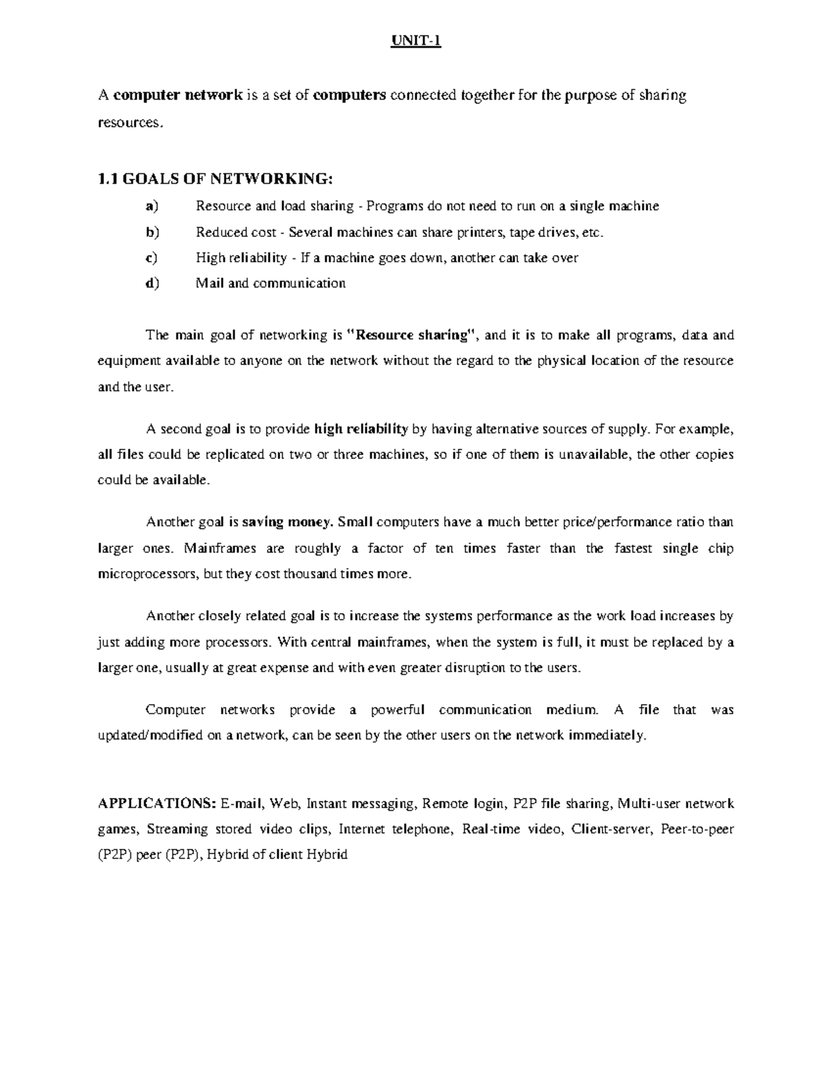 CN UNIT 1 - UNIT- A computer network is a set of computers connected ...
