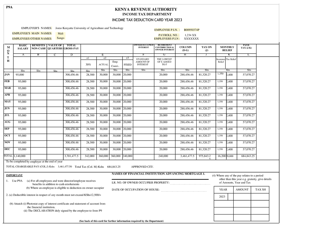 TAX Deductions CARD - Brief and precise - P9A KENYA REVENUE AUTHORITY ...