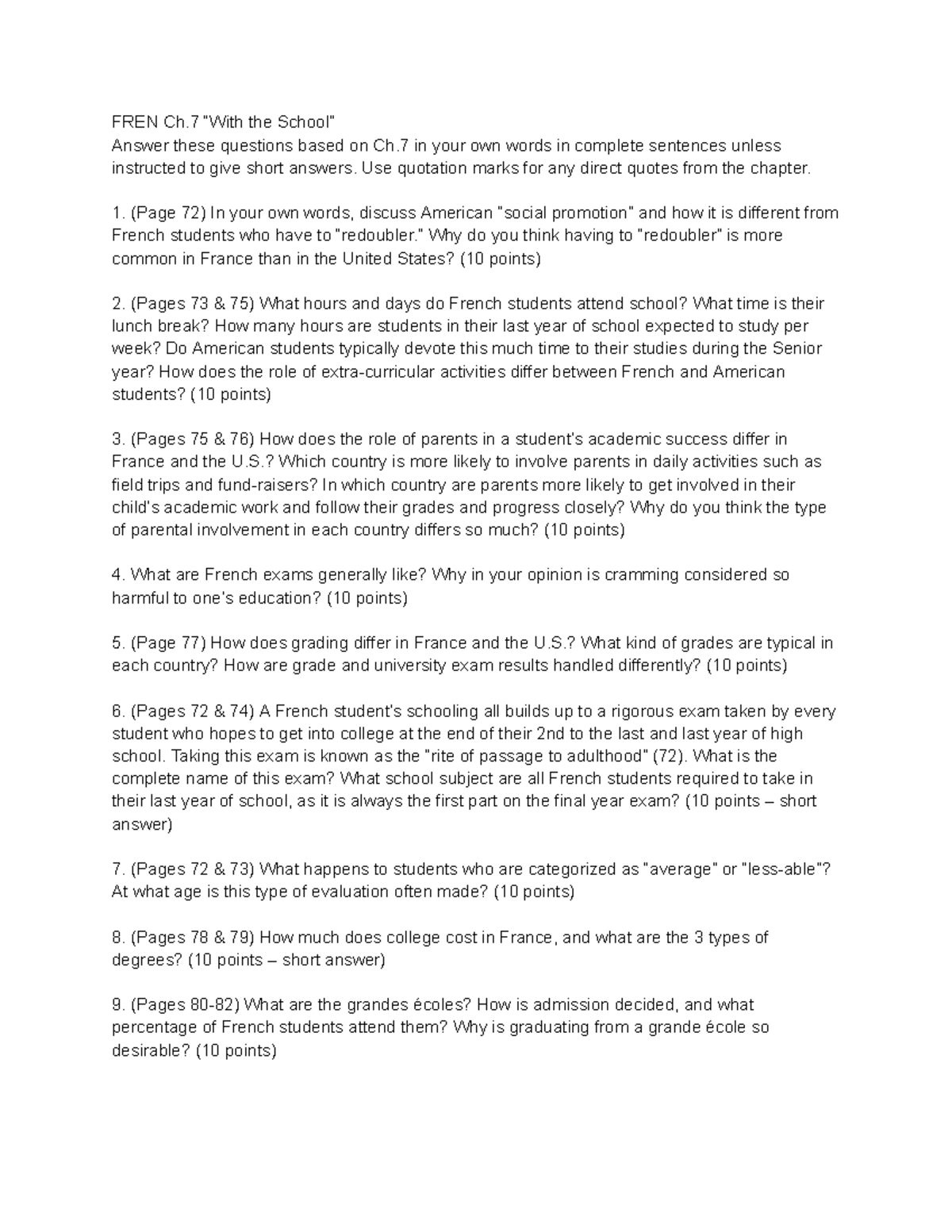 Ch7 French homework - FREN Ch “With the School” Answer these questions ...