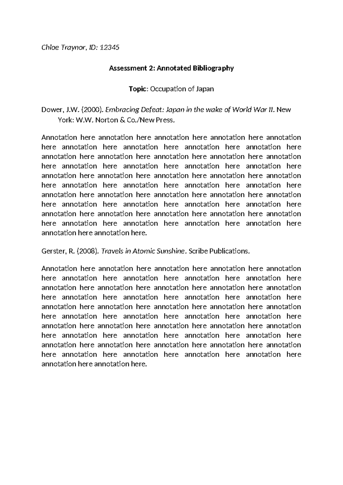 Annotated bibliography structure - Tagged - Chloe Traynor, ID: 12345 ...
