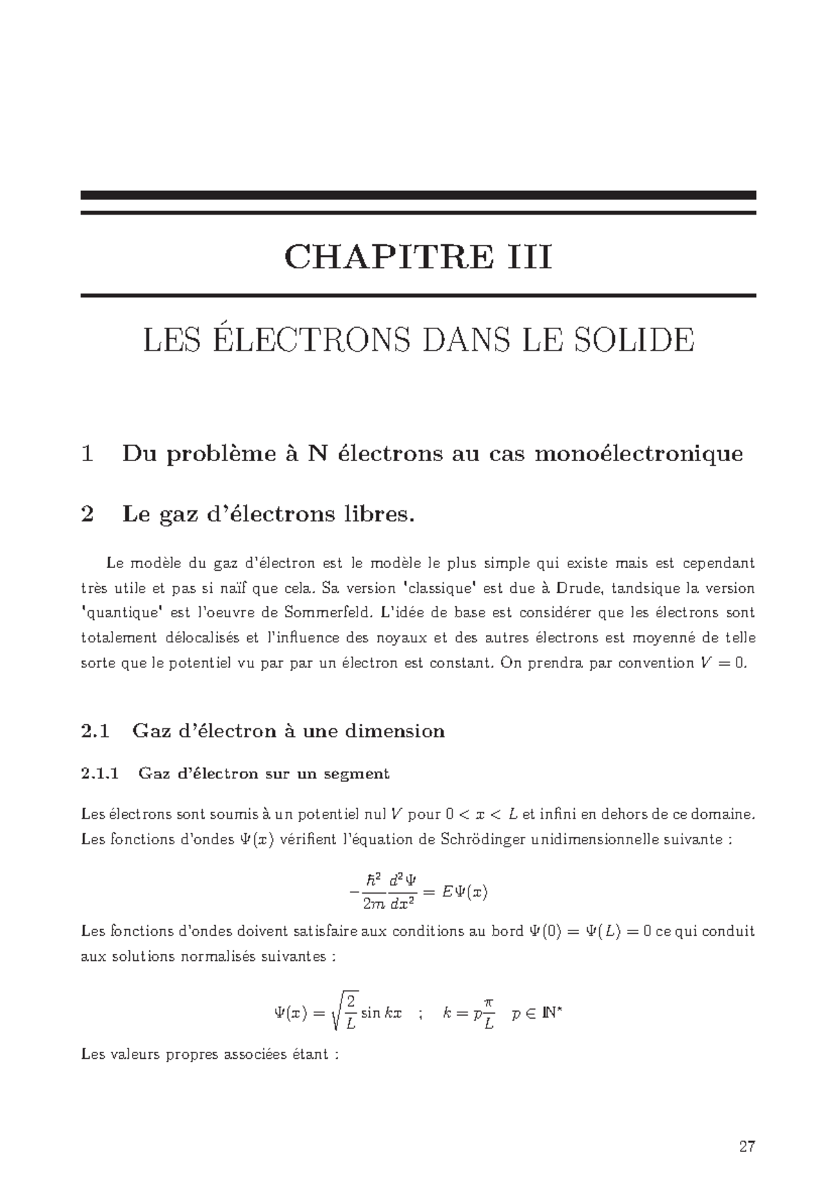 Physique du Solide Barreteau Chapitre 3 - CHAPITRE III LES ÉLECTRONS DANS LE SOLIDE 1 Du ...