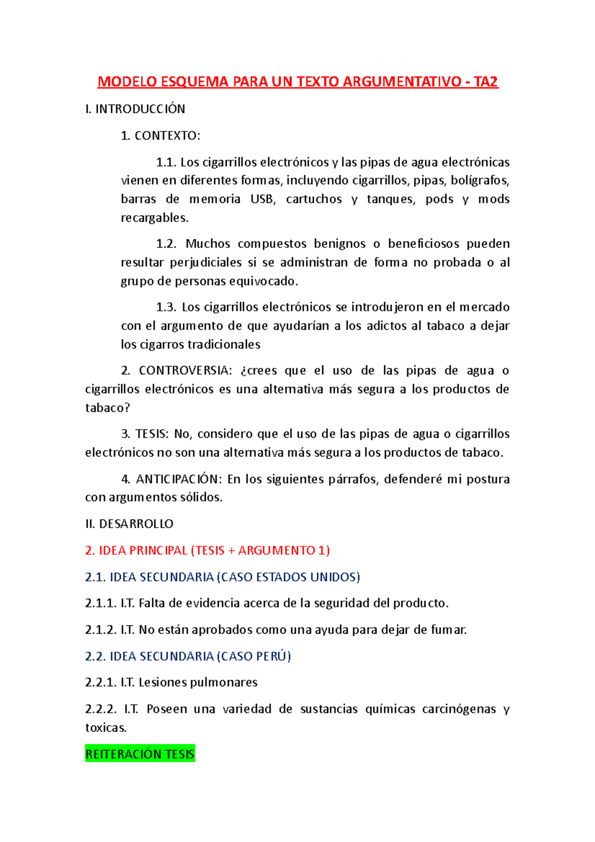 Modelo Esquema PARA LA TA2 - MODELO ESQUEMA PARA UN TEXTO ARGUMENTATIVO ...