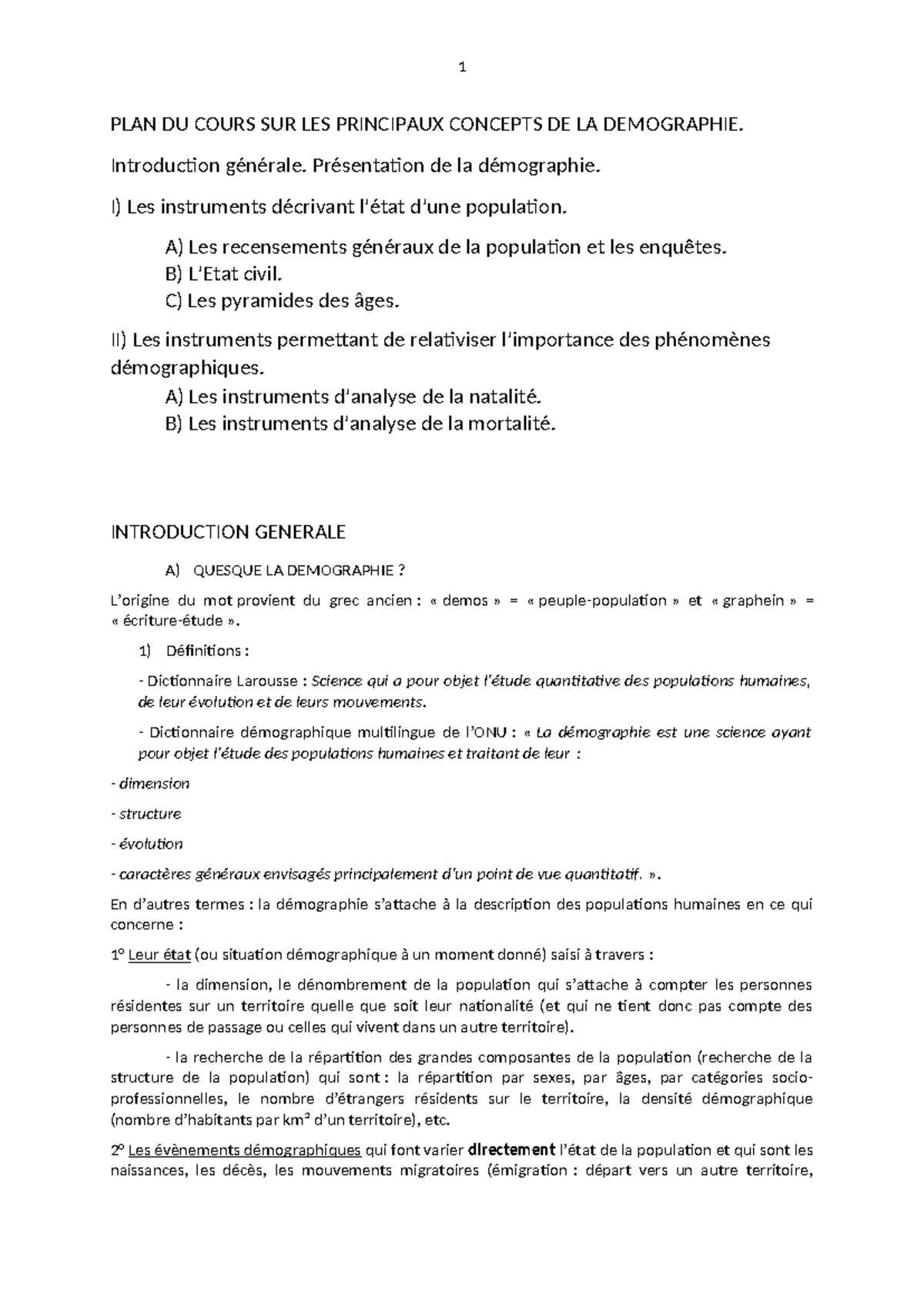 Démographie Introduction du cours 2024 - PLAN DU COURS SUR LES ...