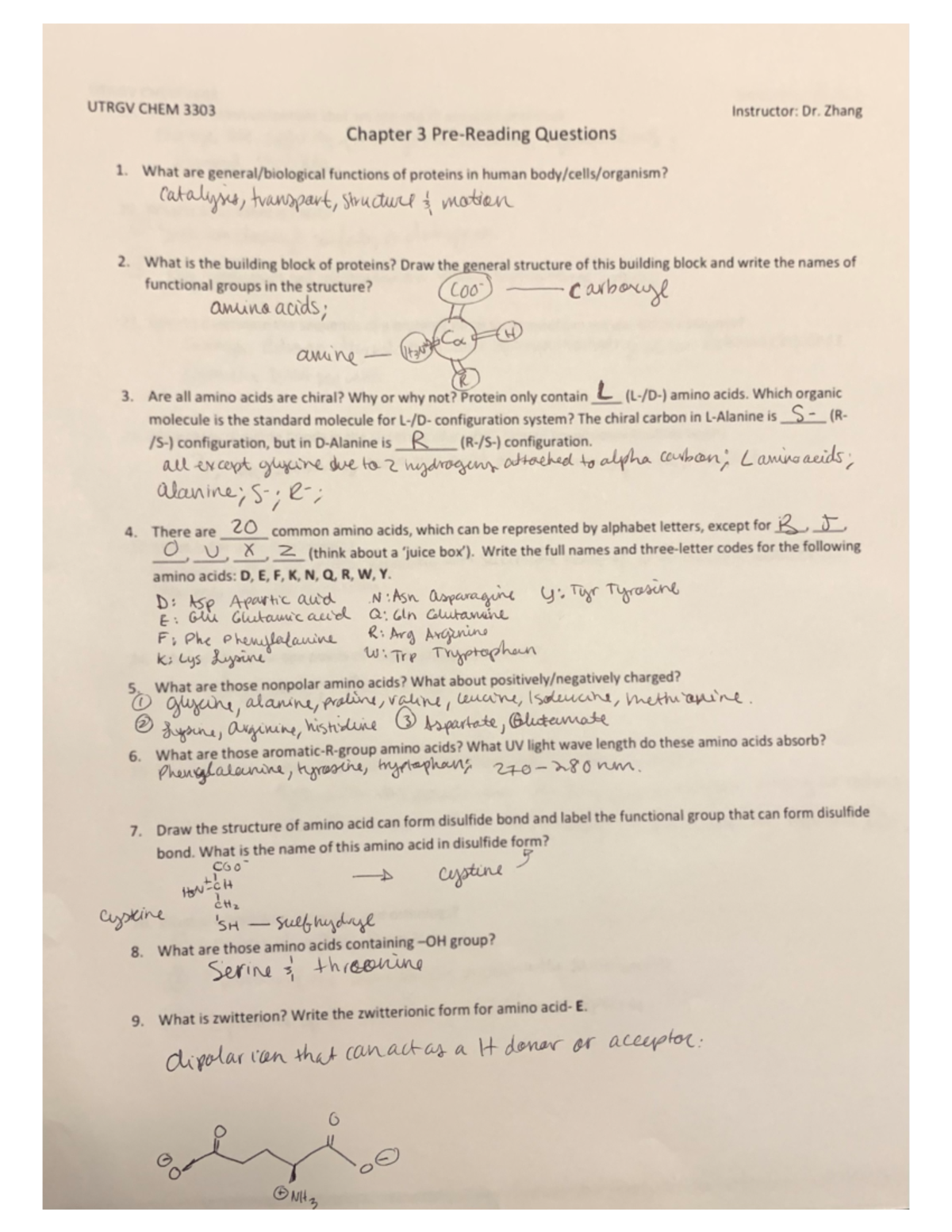 Pre reading questions 3 - UTRGV CHEM 3303 Instructor: Dr. Zhang Chapter ...