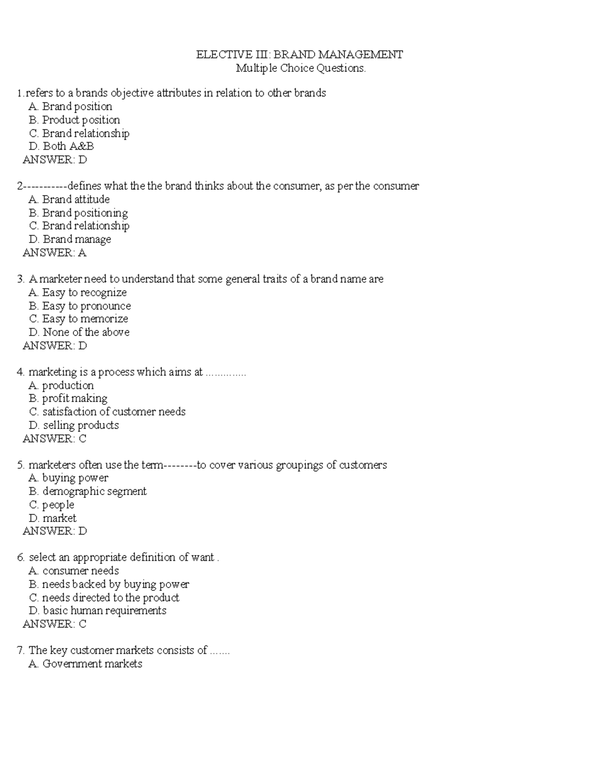 Brand Management Business management studies - ELECTIVE III: BRAND ...