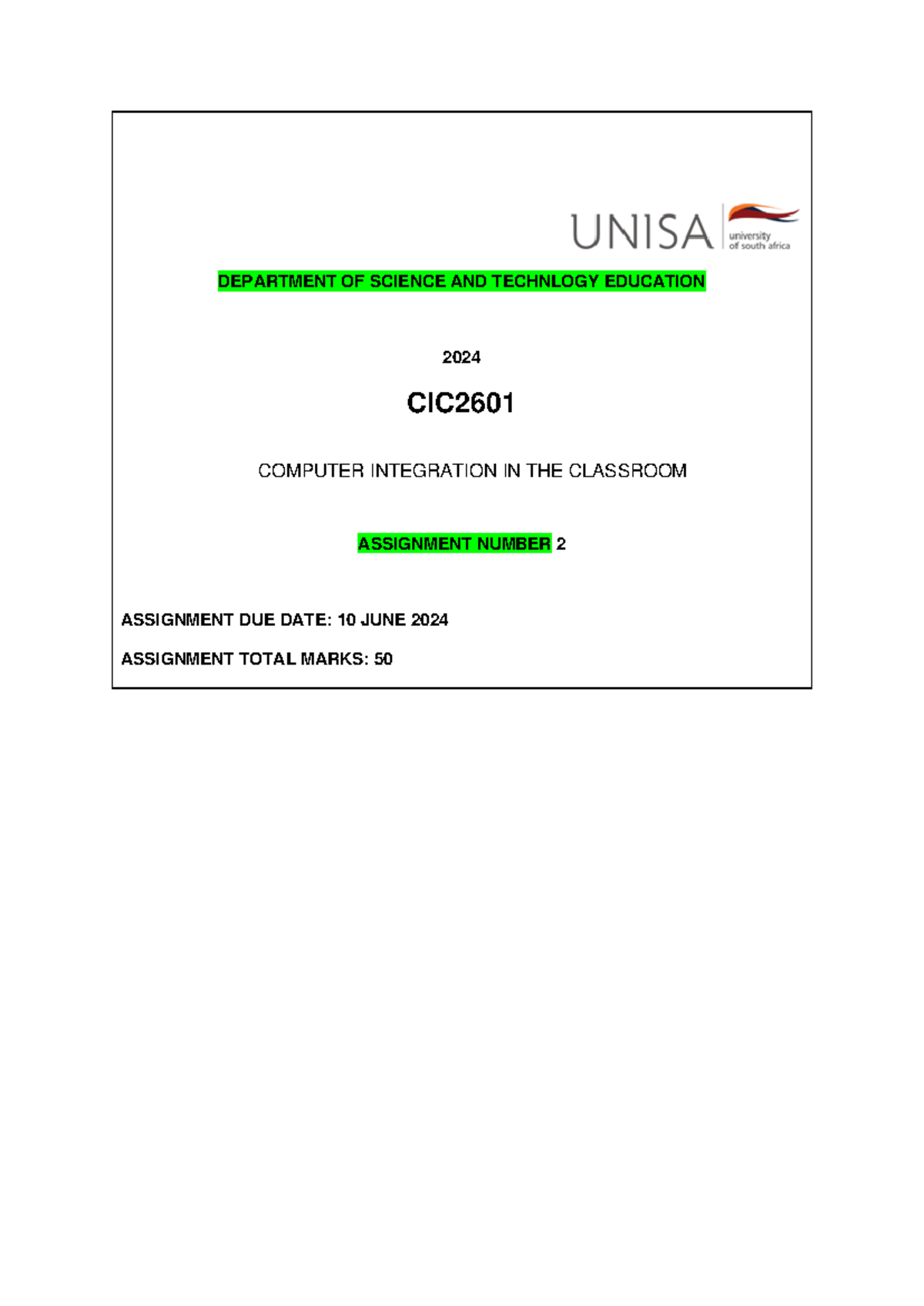 CIC2601 ASS1 - DEPARTMENT OF SCIENCE AND TECHNLOGY EDUCATION 2024 CIC COMPUTER INTEGRATION IN ...