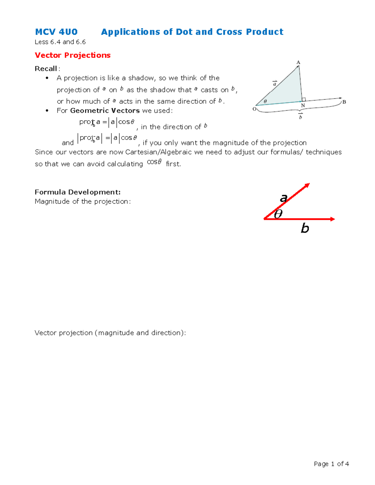 L6.4 (and 6.6) Applications of Dot and Cross Product - b a MCV 4U0 ...