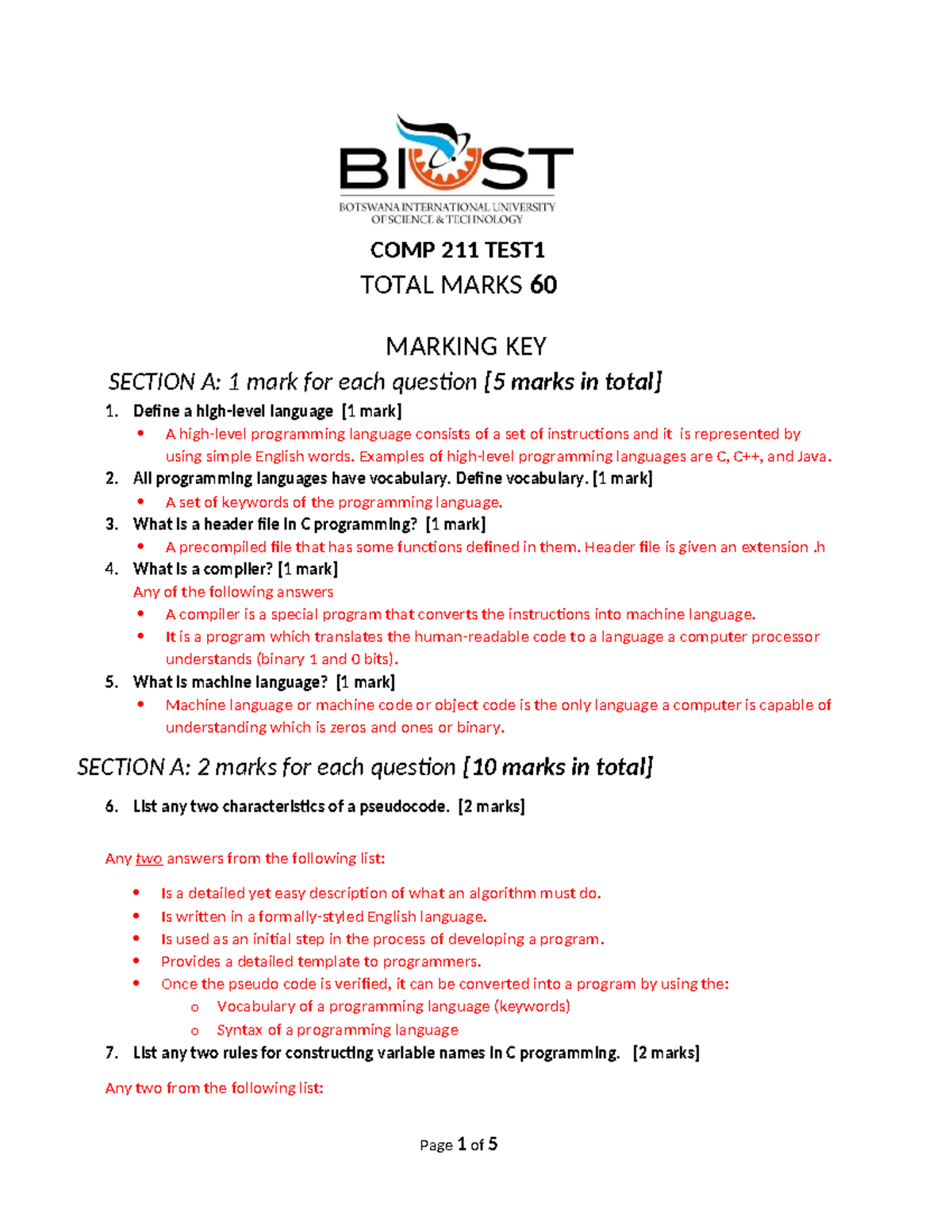 COMP211 TEST1 Oct 2022 Final Marking Key - COMP 211 TEST TOTAL MARKS 60 ...