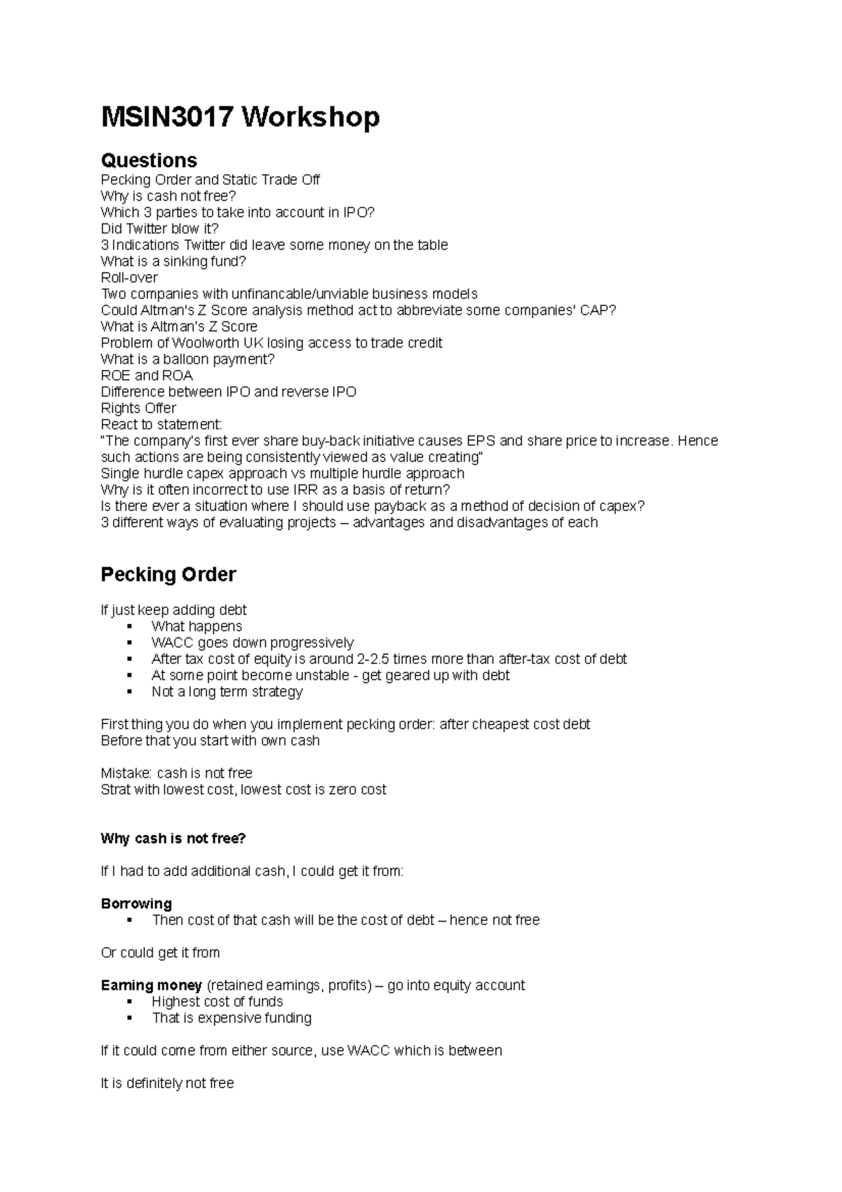 MSIN3017 Workshop 9 Notes - MSIN3017 Workshop Questions Pecking Order ...