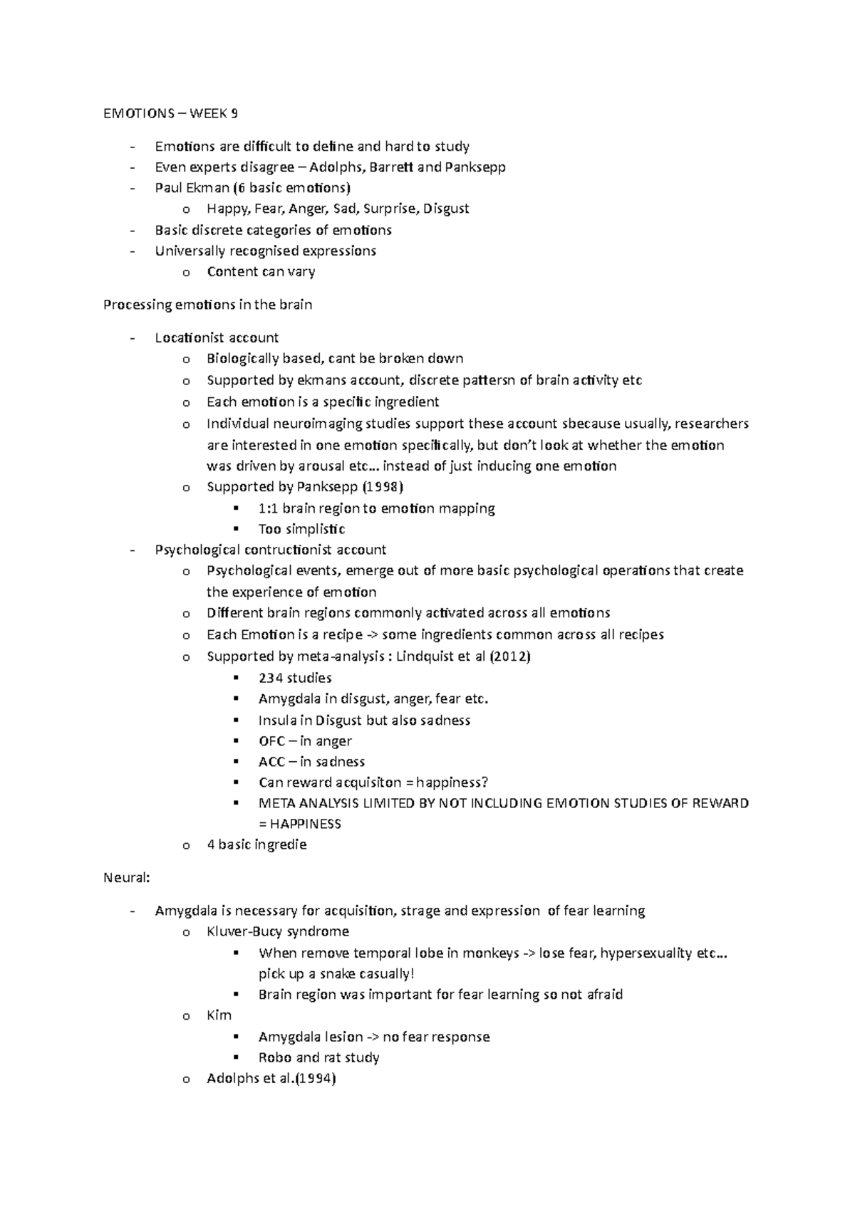 Notes Week 9 SAN - EMOTIONS – WEEK 9 Emotions are difficult to define ...