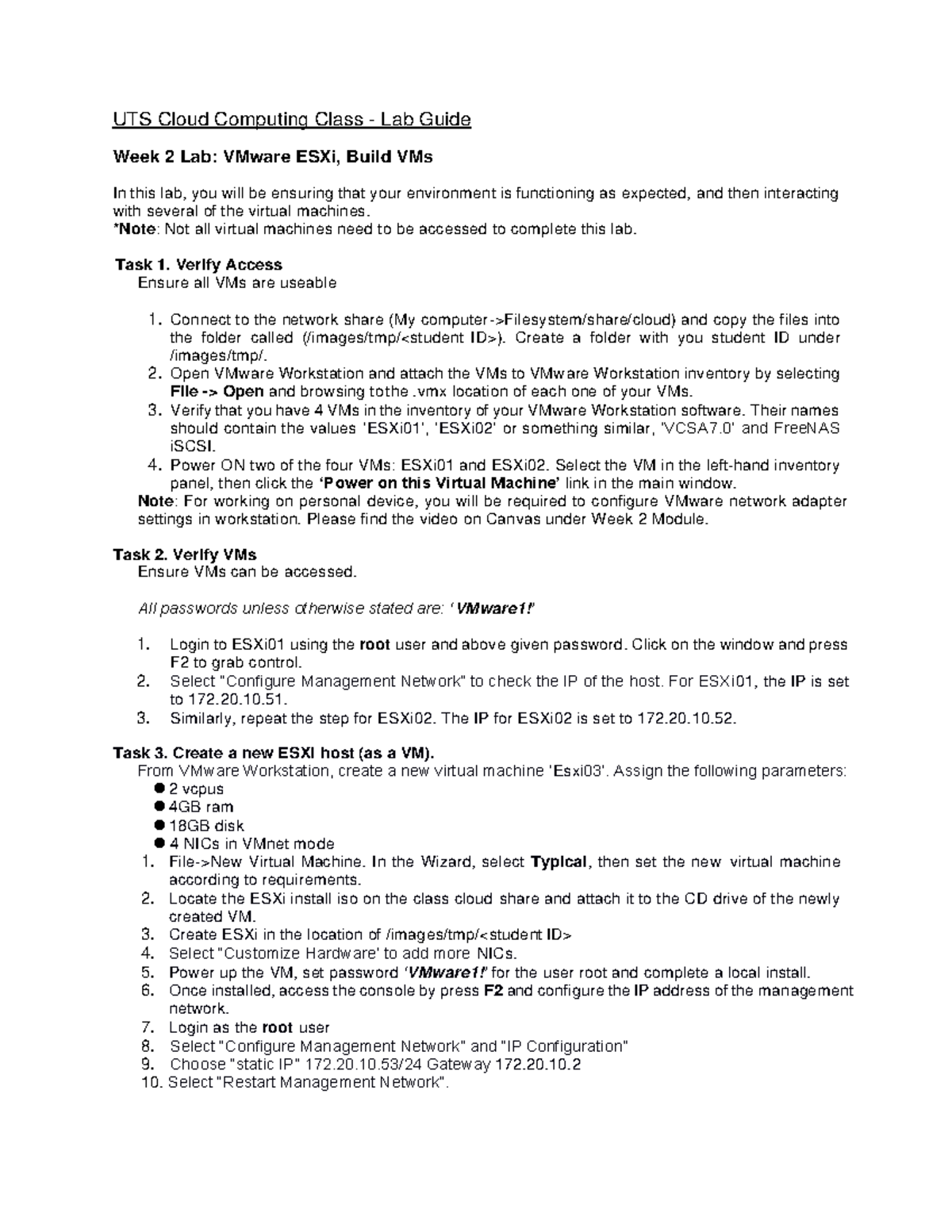 Week2Lab - Lab - UTS Cloud Computing Class - Lab Guide Week 2 Lab: VMware ESXi, Build VMs In ...