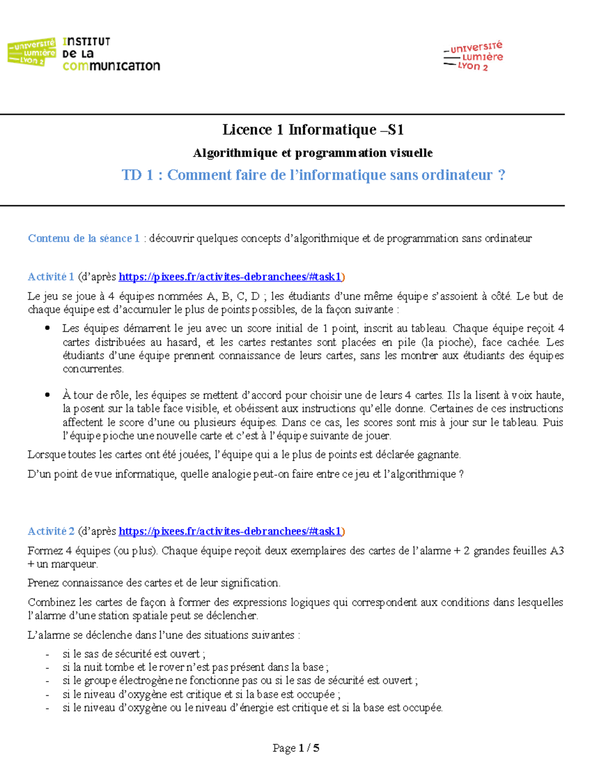 TD 1 - Algorithmique et programmation visuelle - Licence 1 Informatique –S Algorithmique et ...