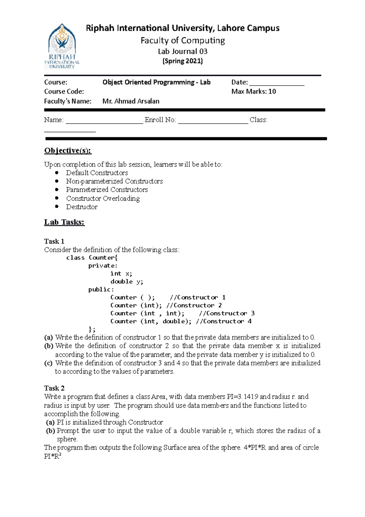 Lab Journal - 03 (OOP) - programming fundamental examples - Riphah ...