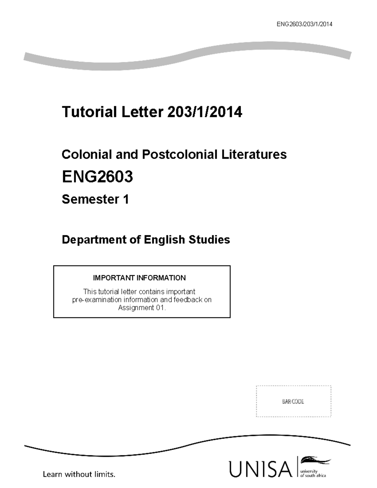ENG2603-TL203-2014 - Notes to Assignment 1 - eng2603 - Unisa - Studocu