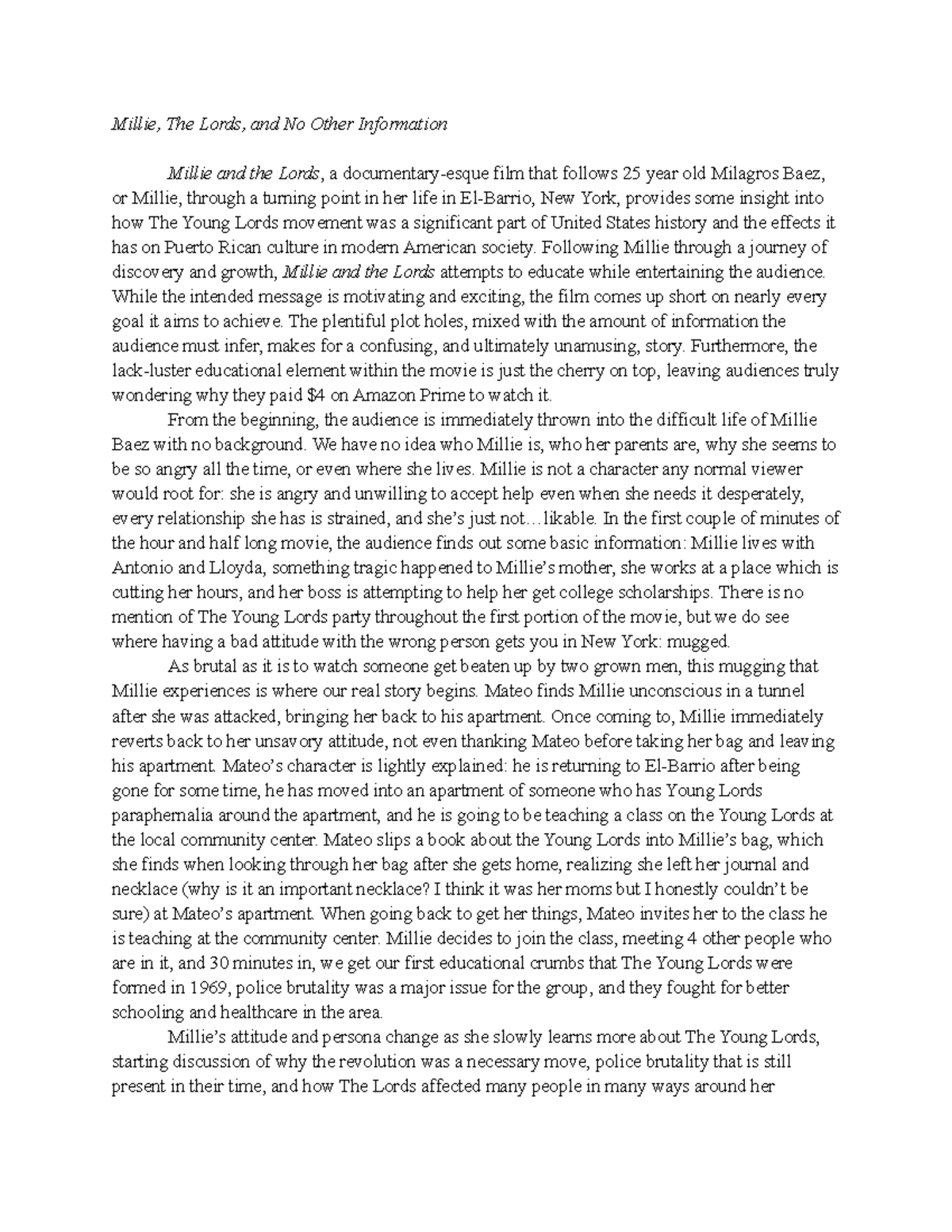 Multicultural Topics in Literature Essay 3 - Millie, The Lords, and No ...