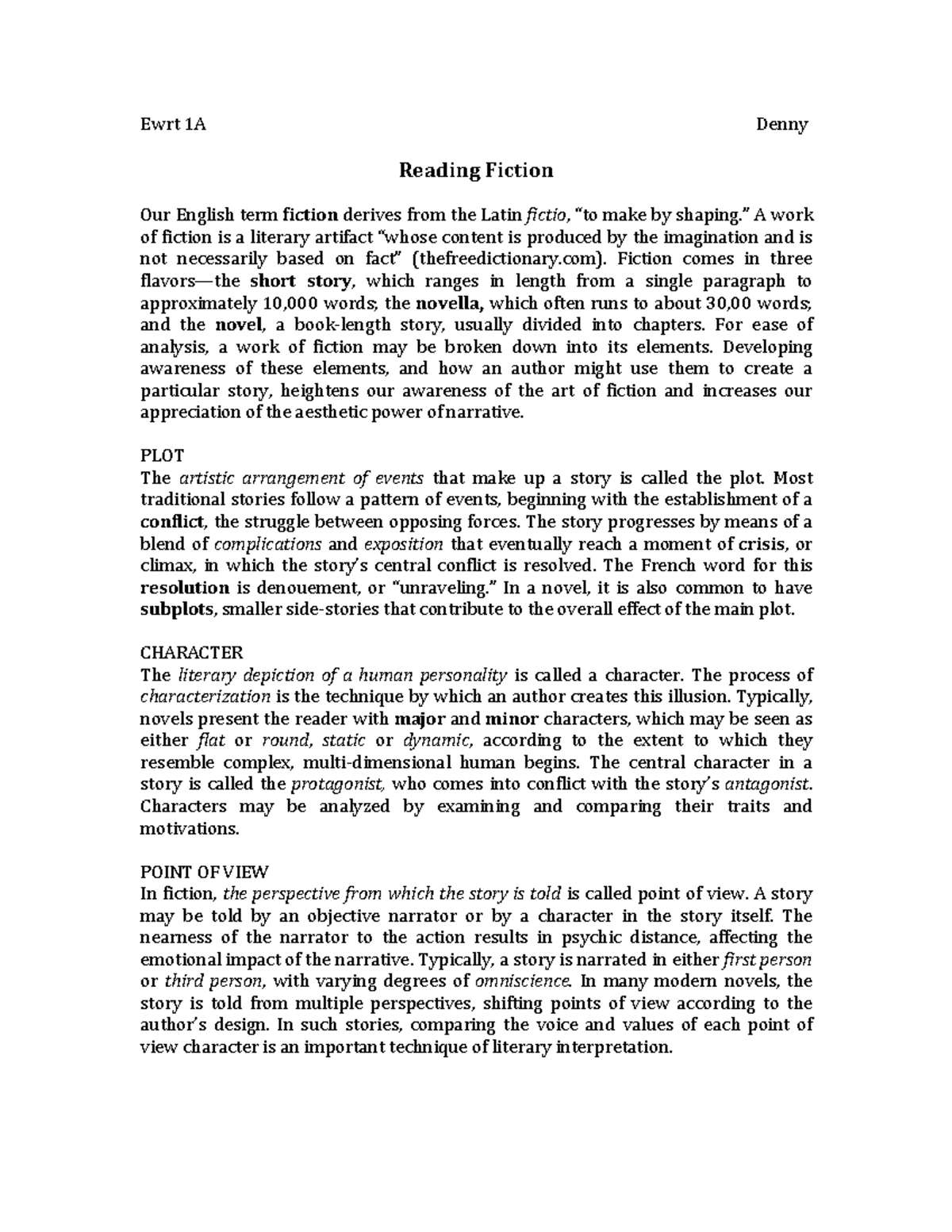 Reading Fiction - English language - Ewrt 1A Denny Reading Fiction Our ...