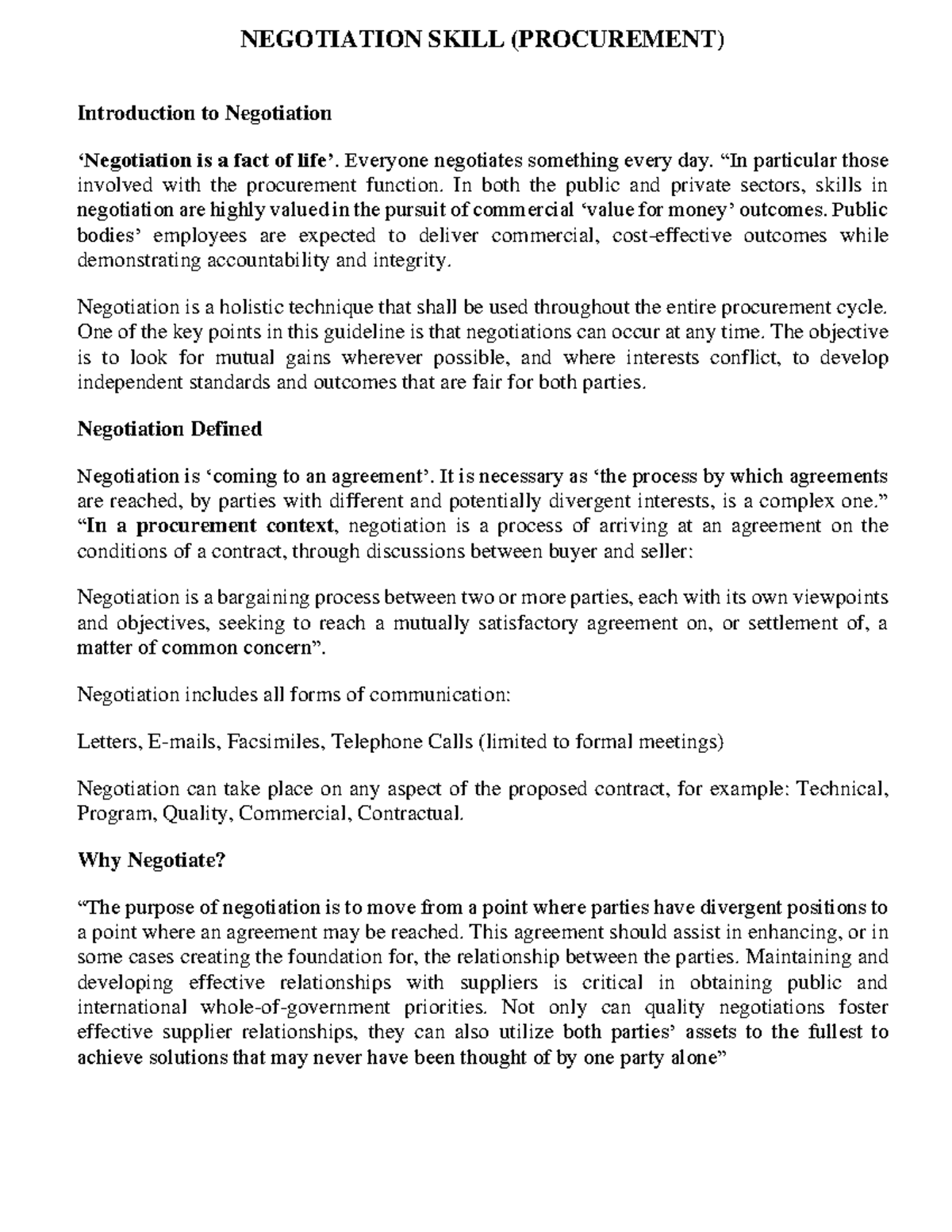 Procurement Management and Procedures - NEGOTIATION SKILL (PROCUREMENT ...